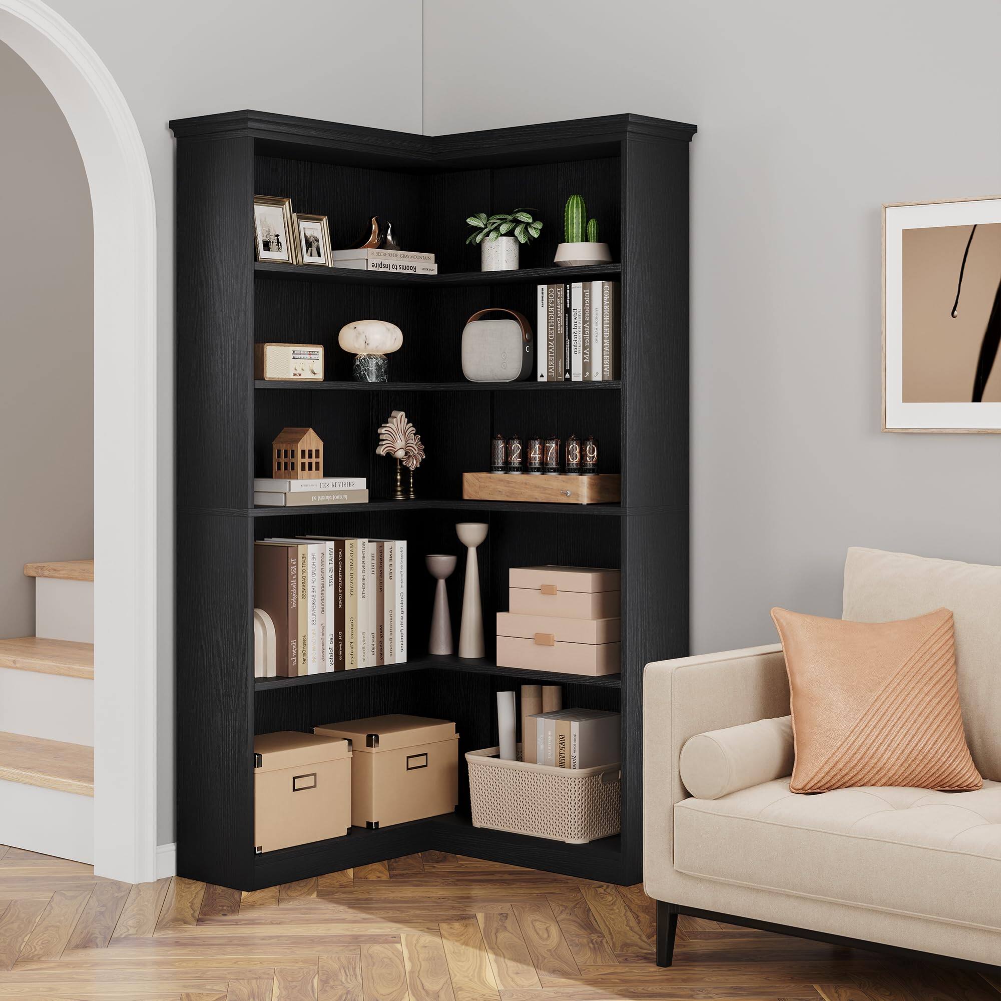 Jojoka 72.8" L Shaped Corner Bookshelf, Farmhouse 5 Tier Tall Wood ...