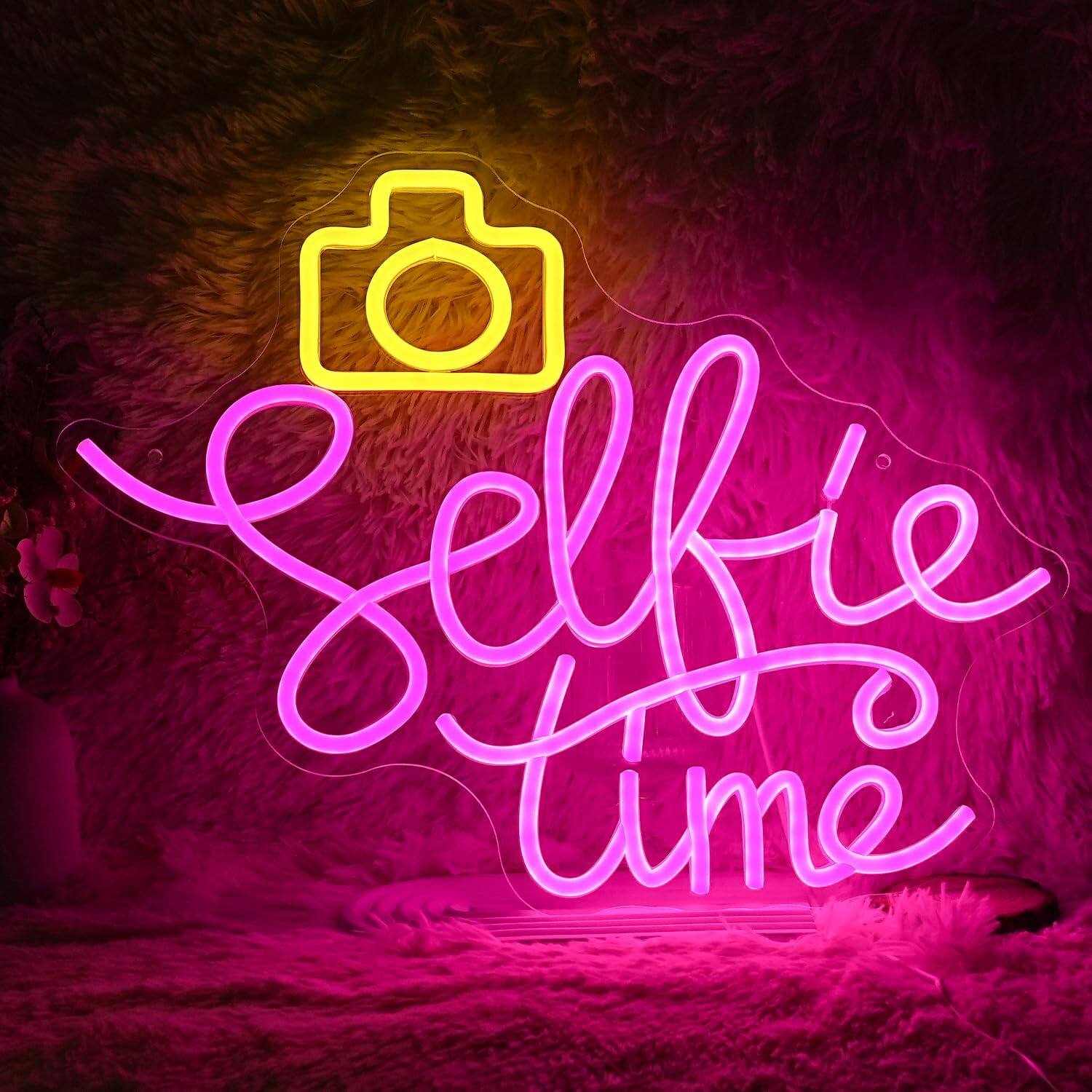 Auledio Selfie Time Neon Sign LED Yellow Camera Pink Neon Light For ...