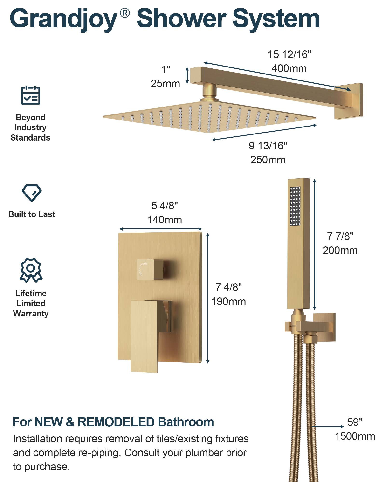 GRANDJOY 10" Wall Mount Shower Faucet System with Rainfall Shower Head ...