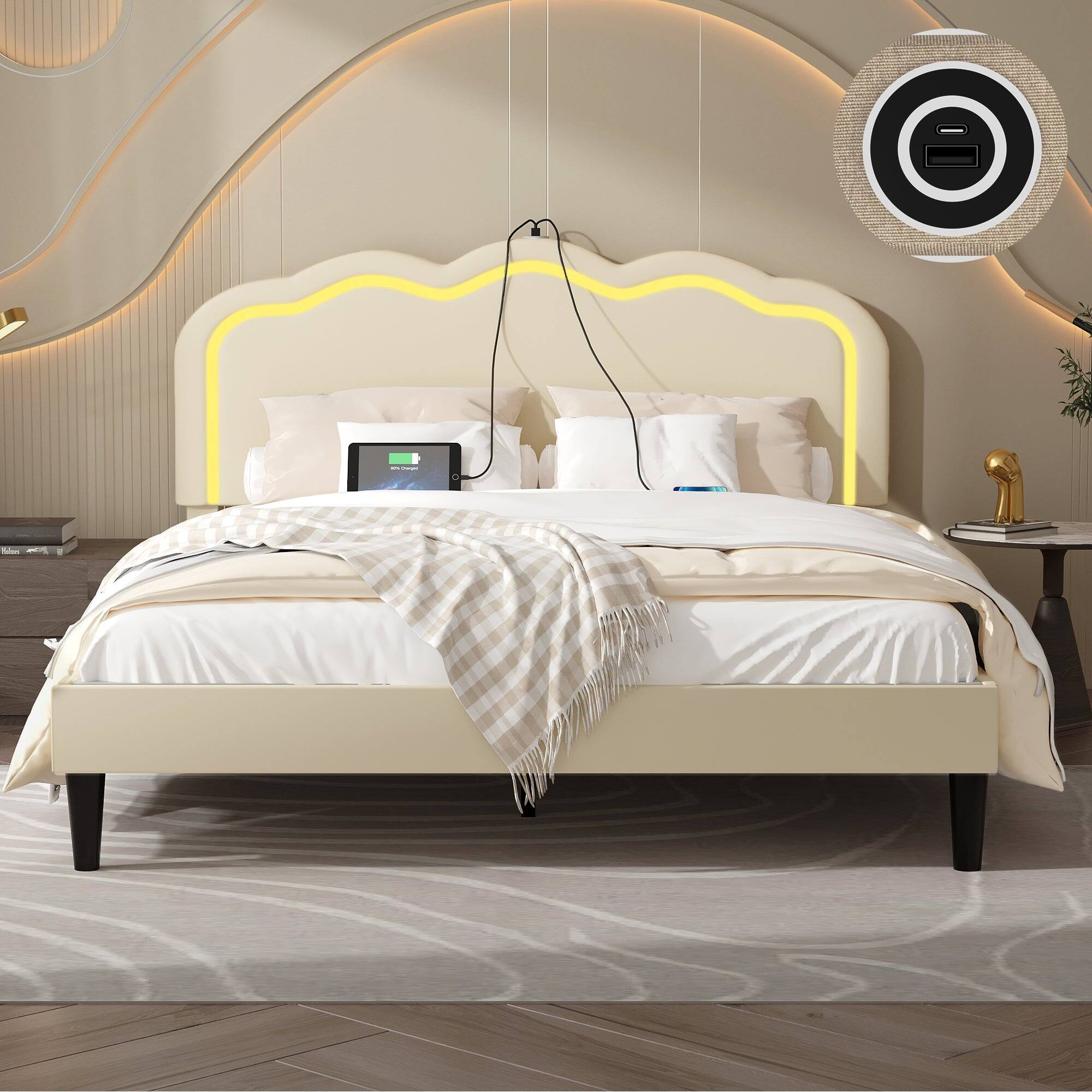 Vecelo Queen LED Bed Frame with RGB Lighting & Charging Station 800lb ...