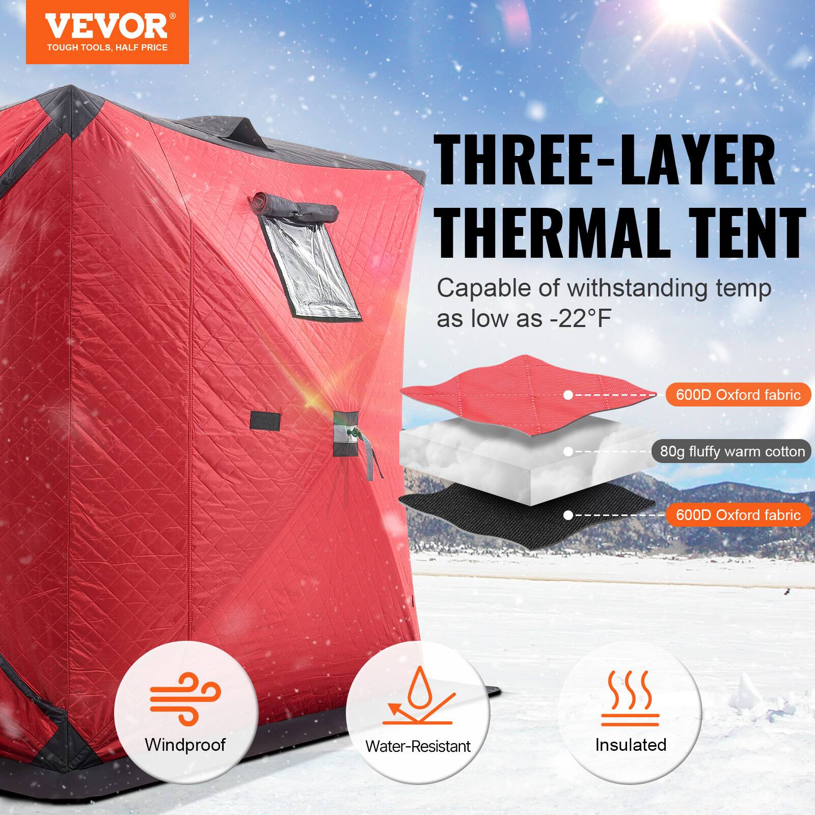 VEVOR Portable Ice Shelter, 3 4 Person Insulated Pop Up Ice Fishing ...