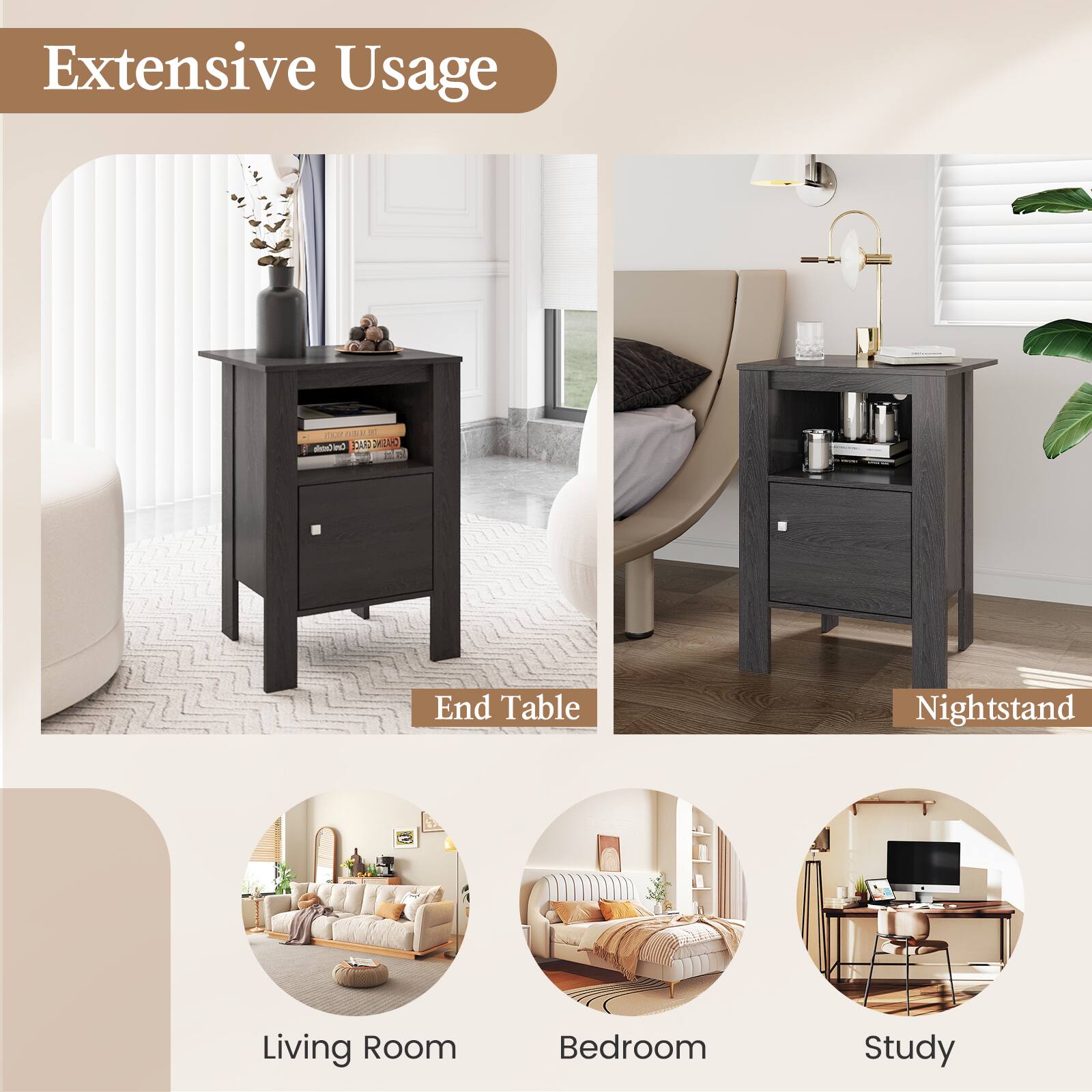 Gymax Set of 2 Nightstand Compact Side Sofa Table Open Shelf & Cabinet Dark Grey Oak GYM13413 ...