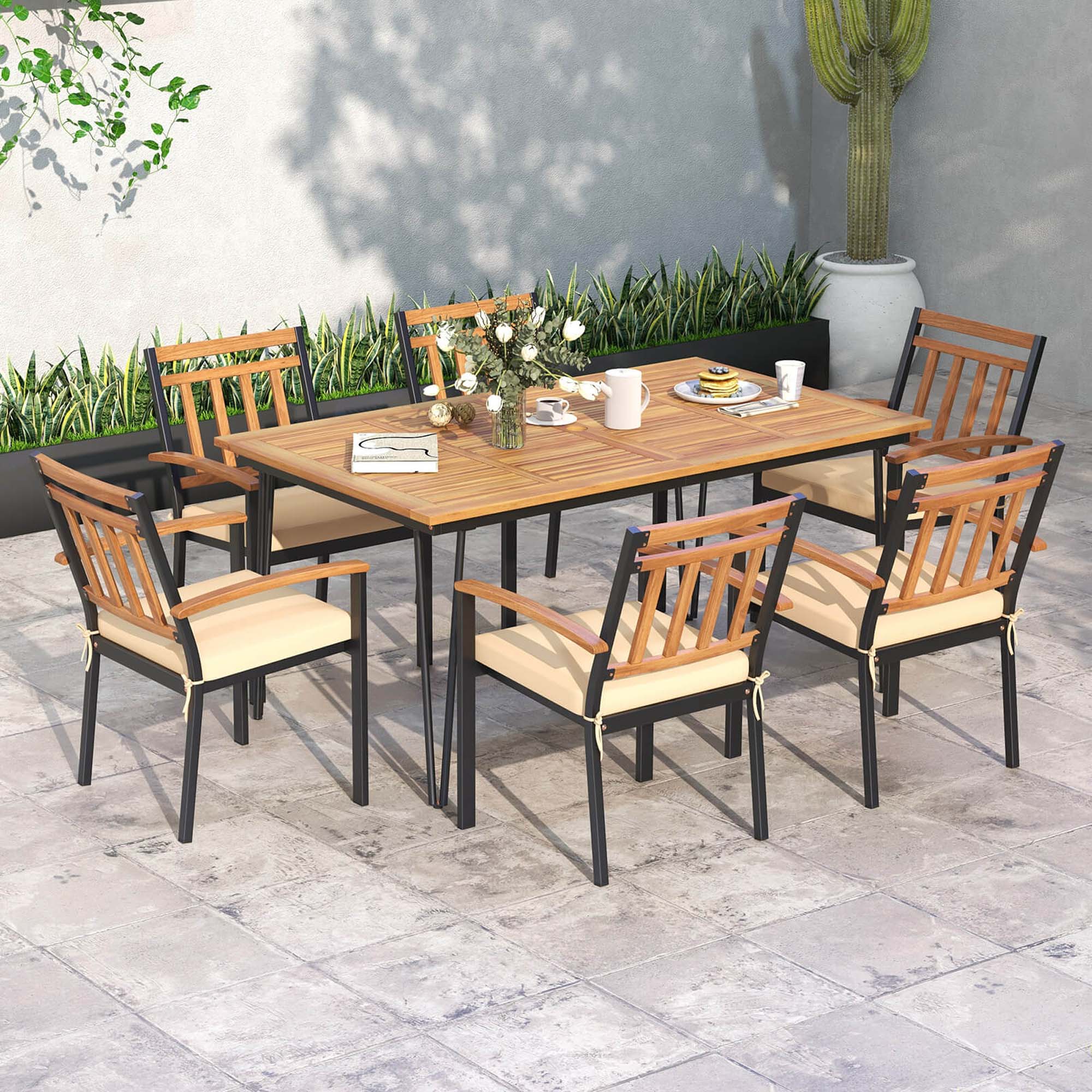 Costway 63 Inch Outdoor Dining Table for 6 People with Acacia Wood ...