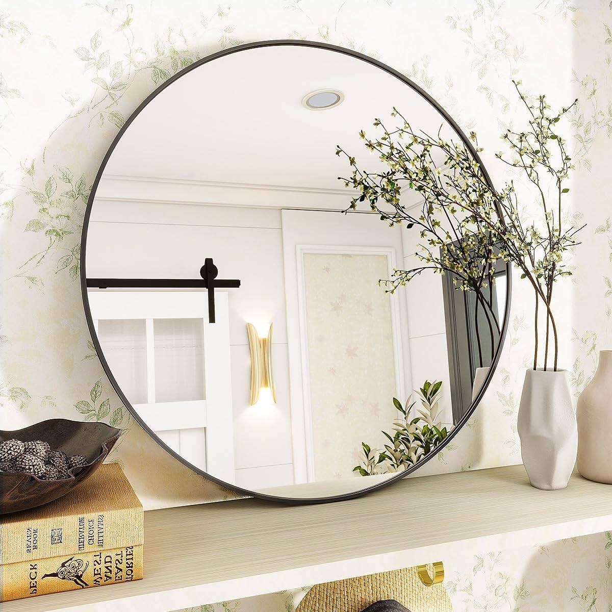 Cedar Assembly Round Bathroom Mirror Circle Wall Mounted Hanging With ...