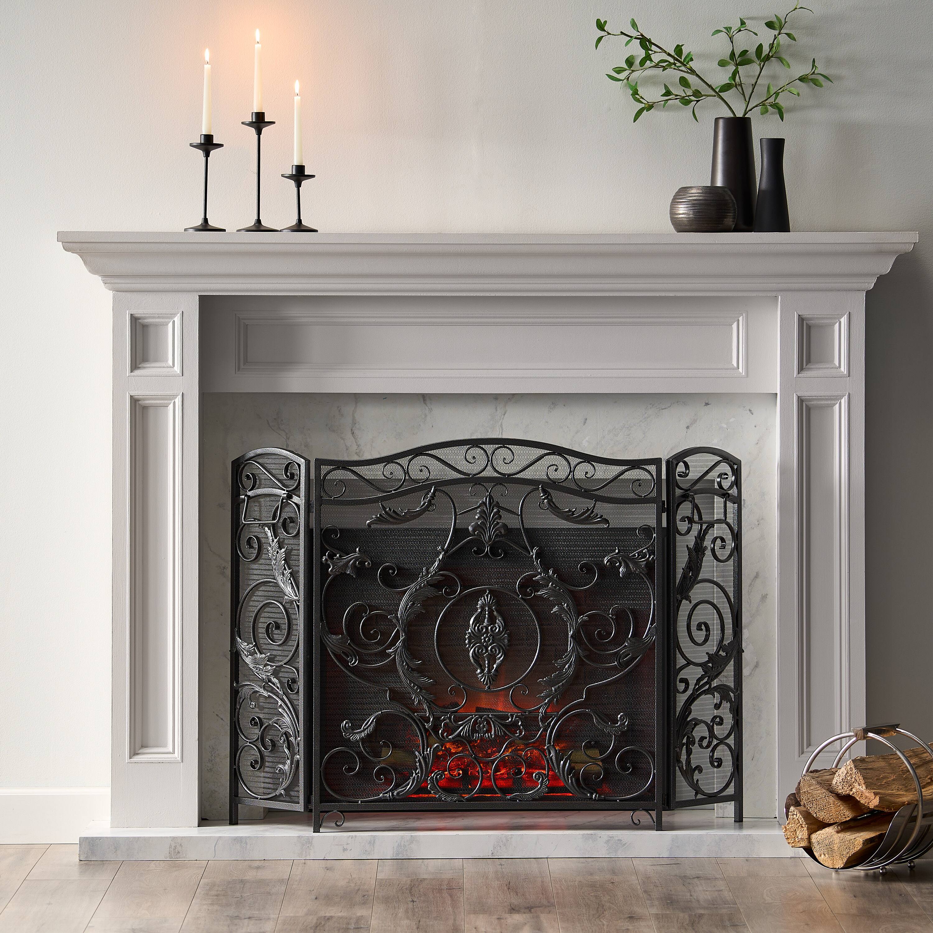 APRILSOUL Mariella Traditional Floral Iron Fireplace Screen with Ornate ...