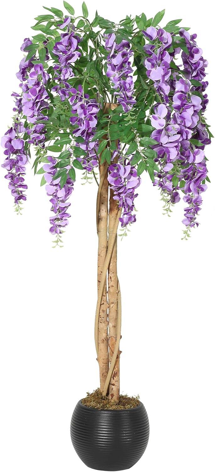 Homhougo 4FT Artificial Purple Bean Flower Tree – Silk Foliage, Cement ...