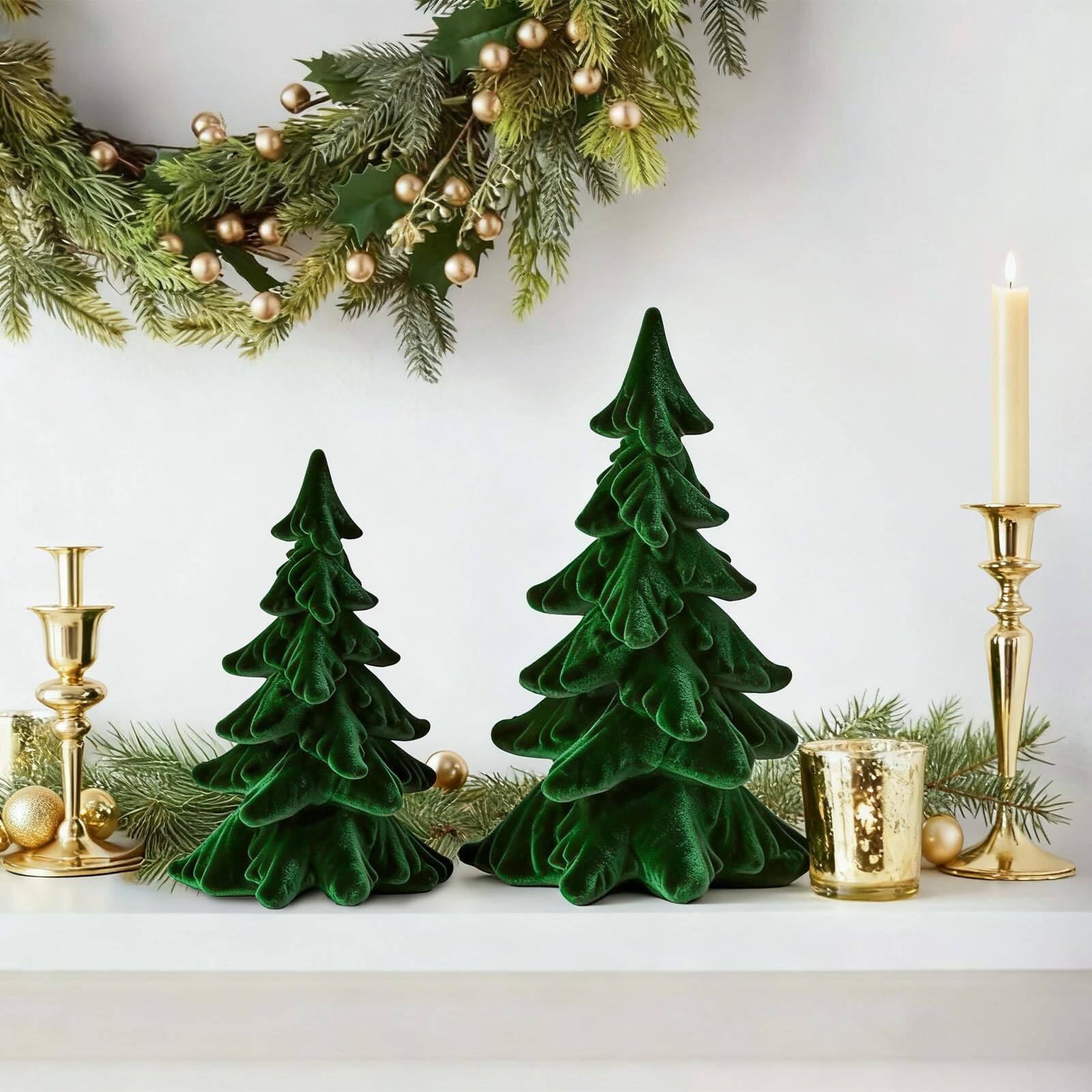 TECH SAFARI Flocked Christmas Tree Figurines Xmas Trees Set Of 2 Pine ...