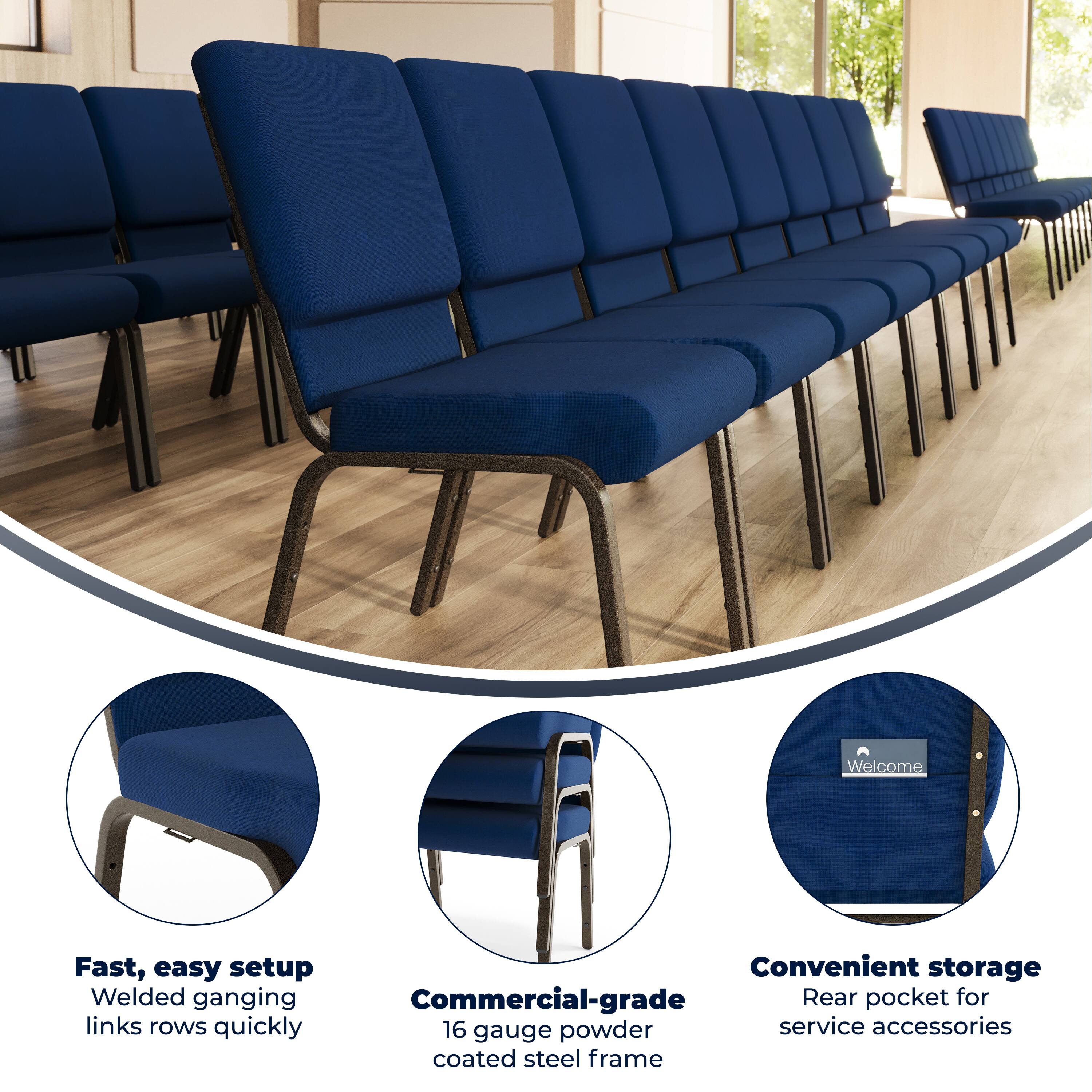 Emma + Oliver 18.5"W Stacking Church/Reception Guest Chair Navy Blue ...