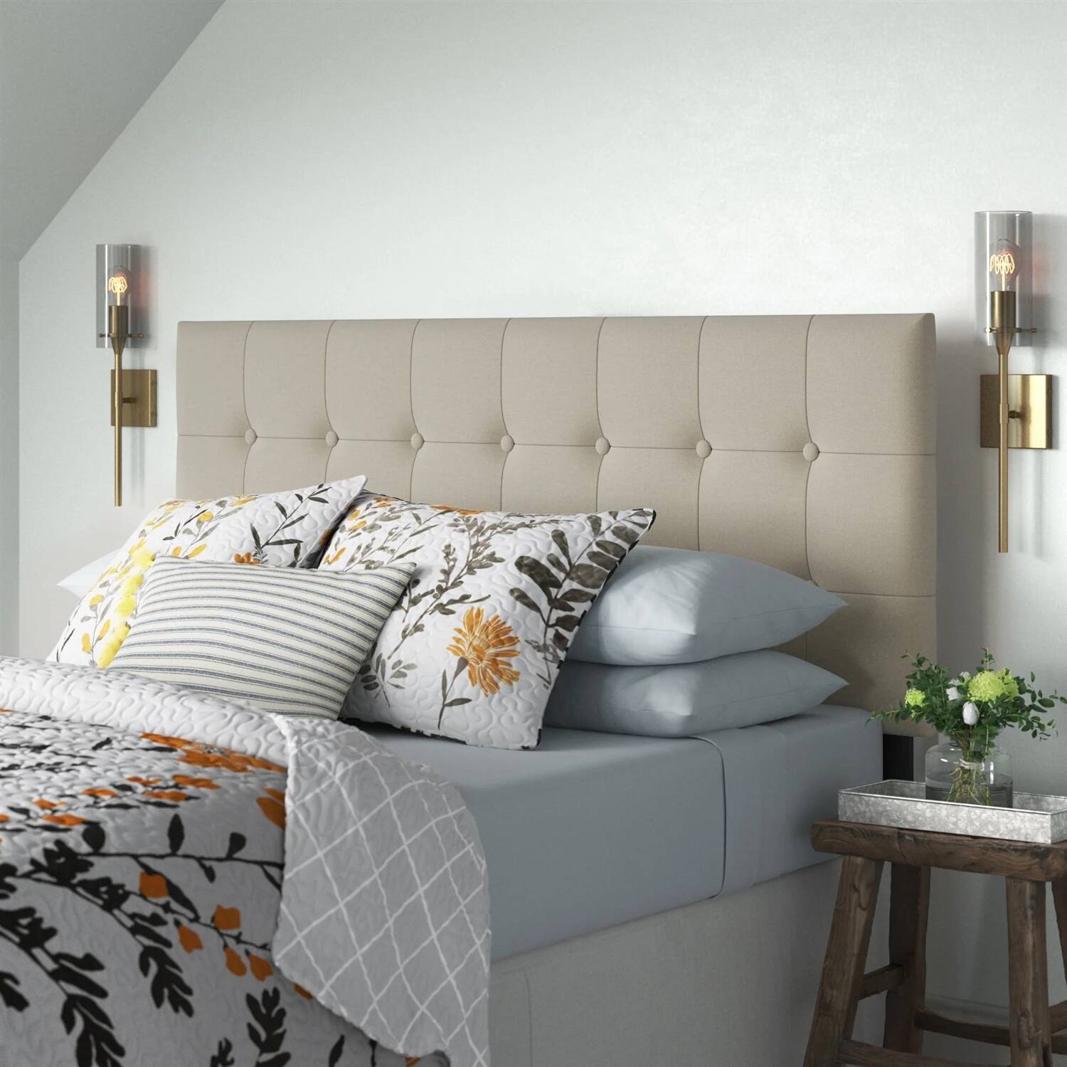 Hivvago Full size Button Tufted Headboard in Light Grey Taupe Beige ...