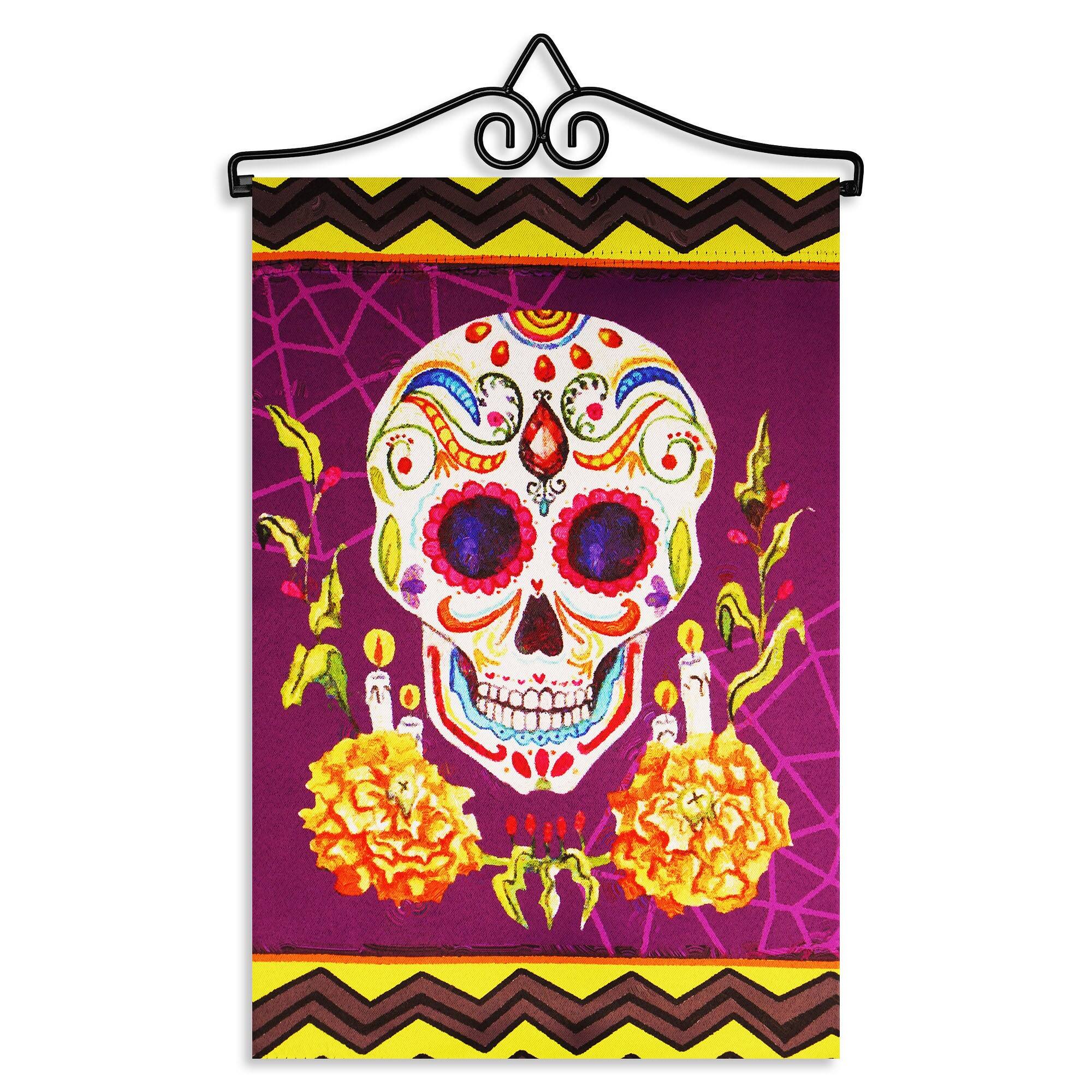 G128 Combo Pack 14in Garden Flag Hanger and 12x18 Day of the Dead Sugar ...