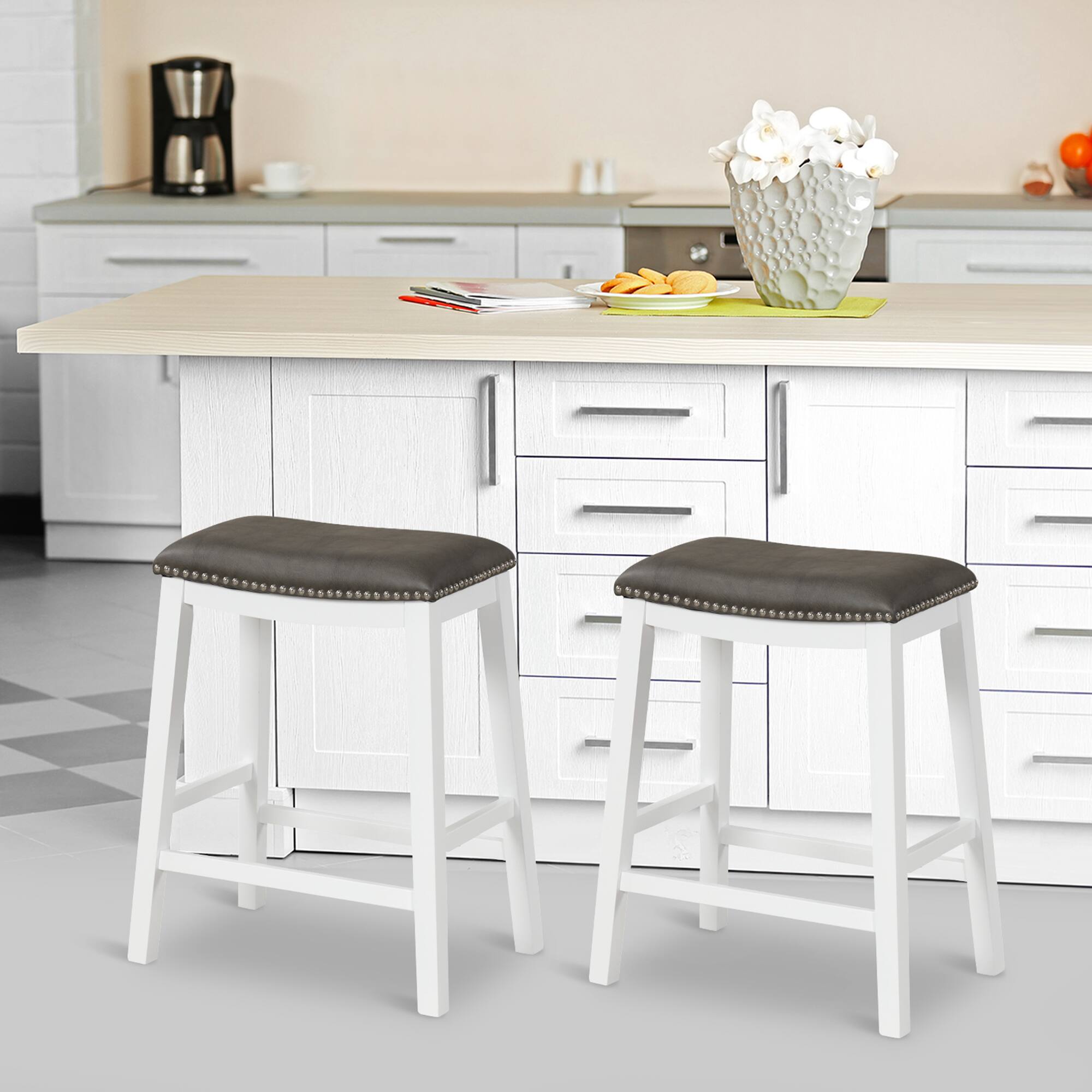 Gymax 4PCS 26'' Upholstered Counter Height Bar Stool PVC Leather Saddle ...