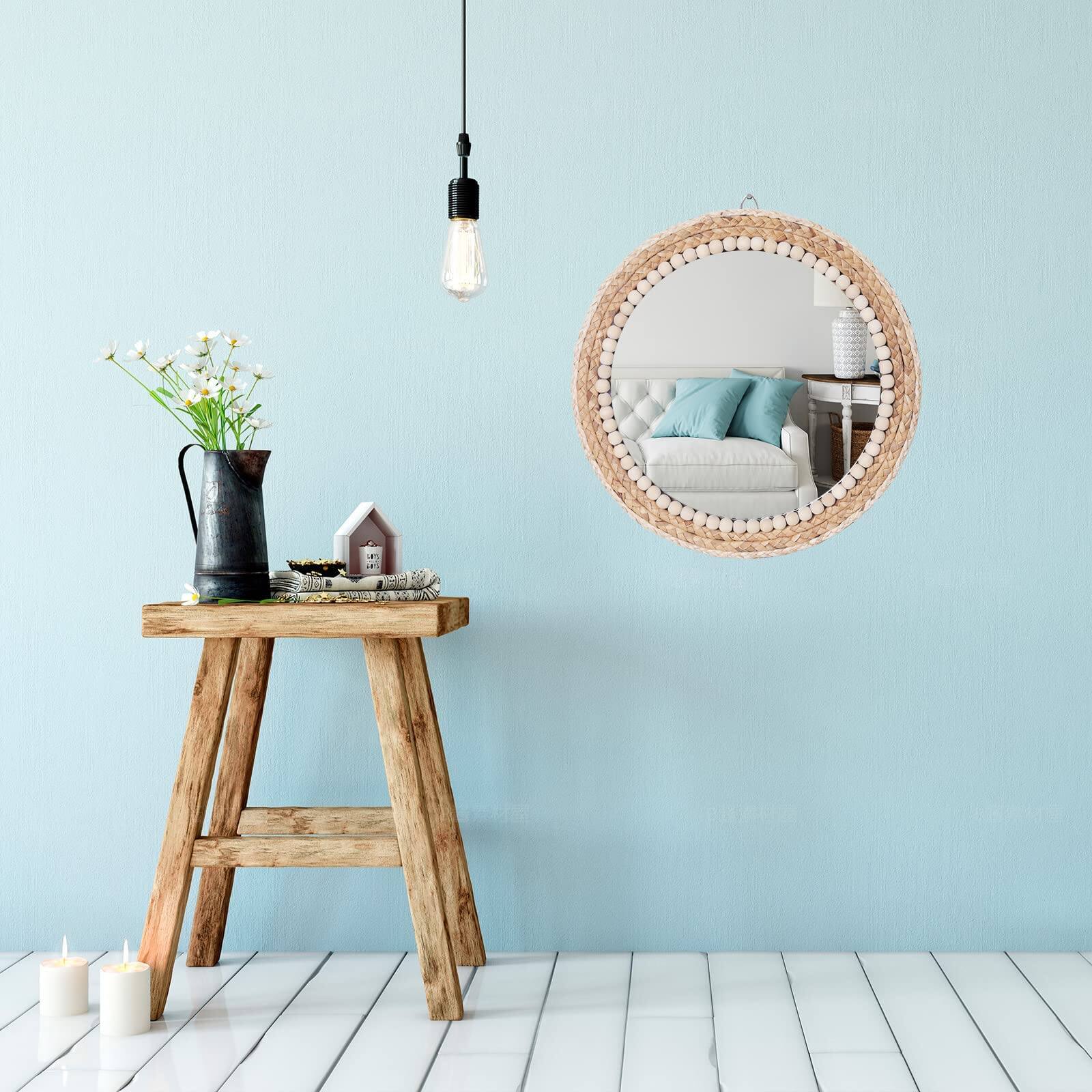 Live At Space Boho Round Hanging Wall Mirror Decorative Rattan Circle ...