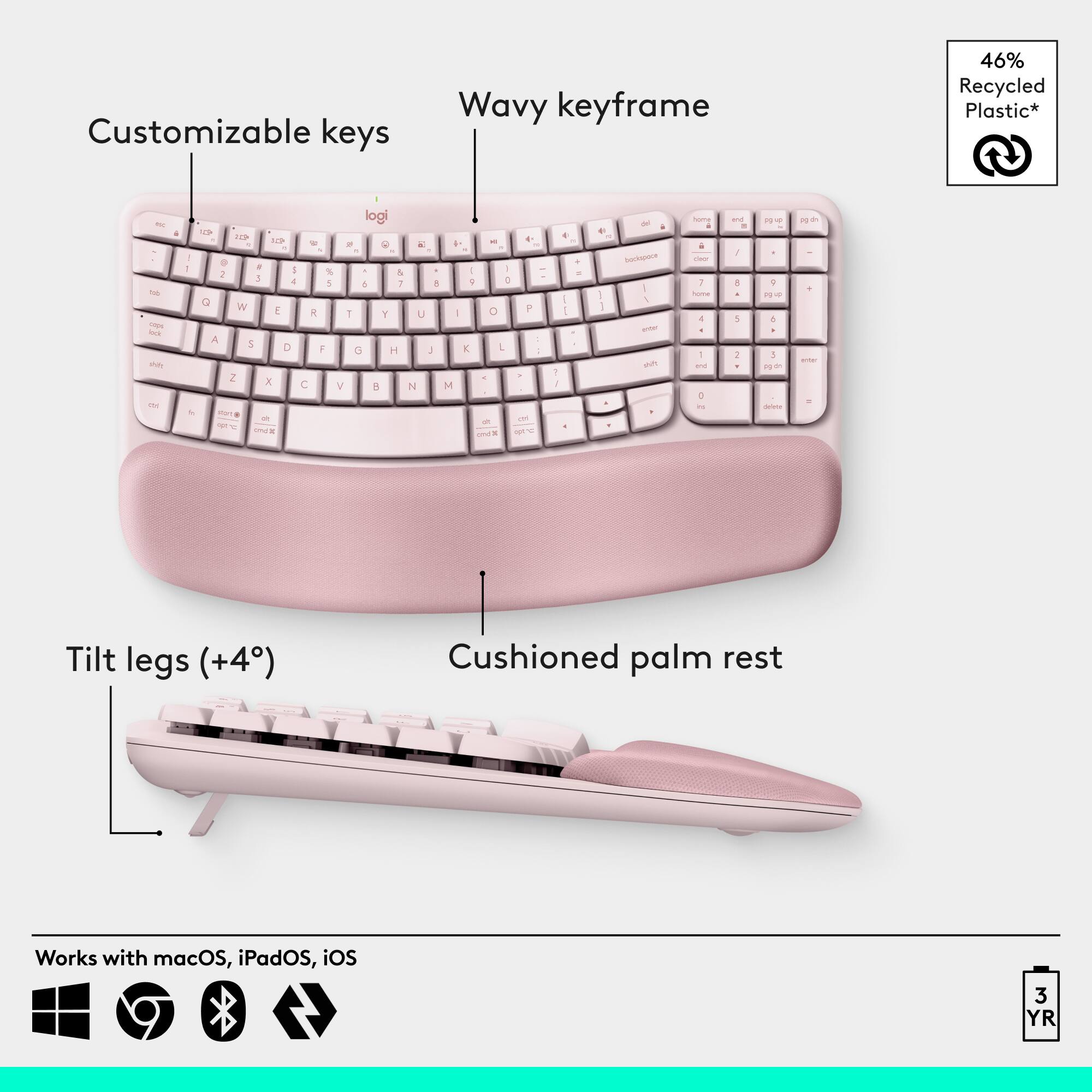 Logitech Wave Keys Ergonomic Wireless Membrane Keyboard for Windows/Mac ...