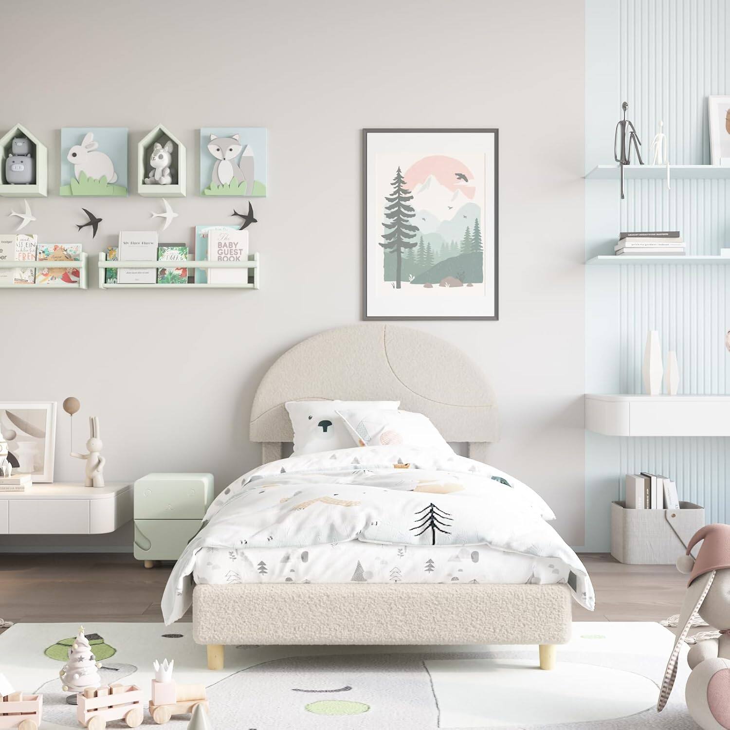 Qeetex Twin Bed Frame with Round Boucle Headboard, Upholstered Design ...