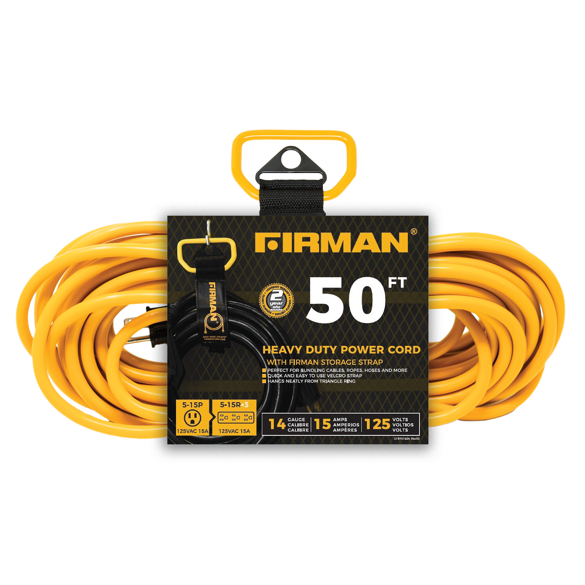 Firman 50ft Medium Duty 5 15P to (3) 5 15R Generator Utility Power Cord ...