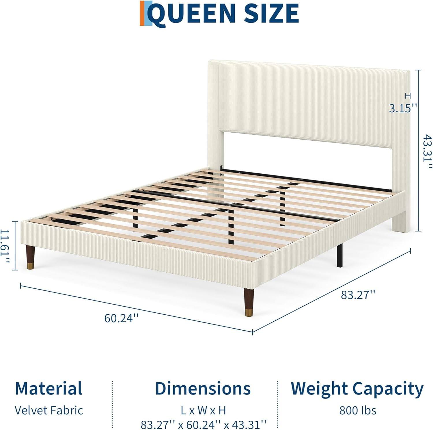 Qeetex Queen Bed Frame, Upholstered Platform, Fabric Headboard, No Box ...
