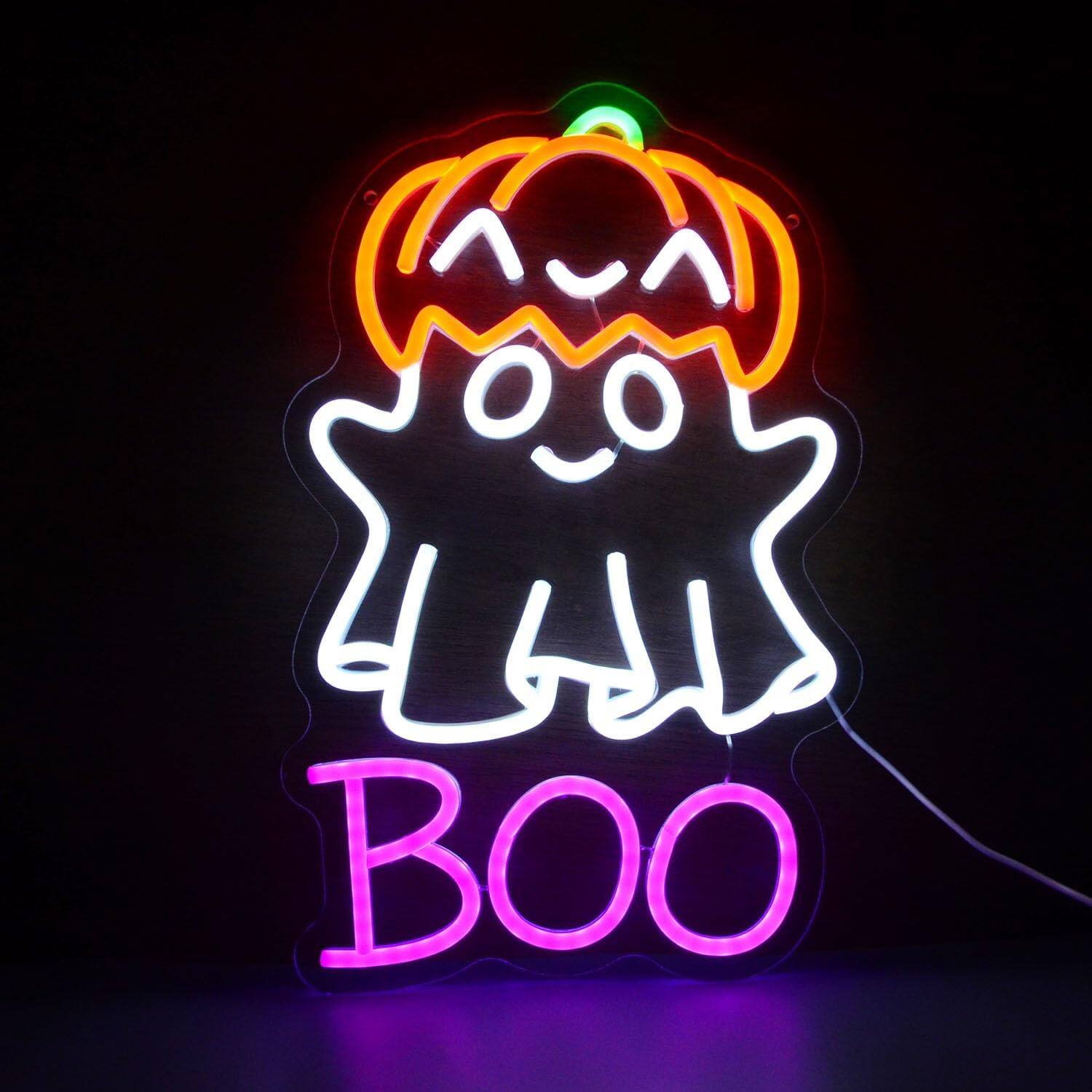 Auledio Ghost Wearing a Jack o' Lantern Hat with Boo Neon Light Sign ...
