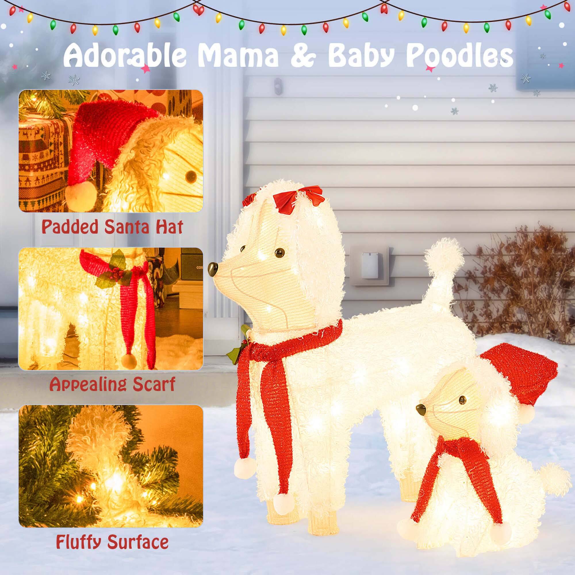 Costway Pre lit Mama & Baby Poodle Dogs 60 Warm LED Lights Red Hat ...