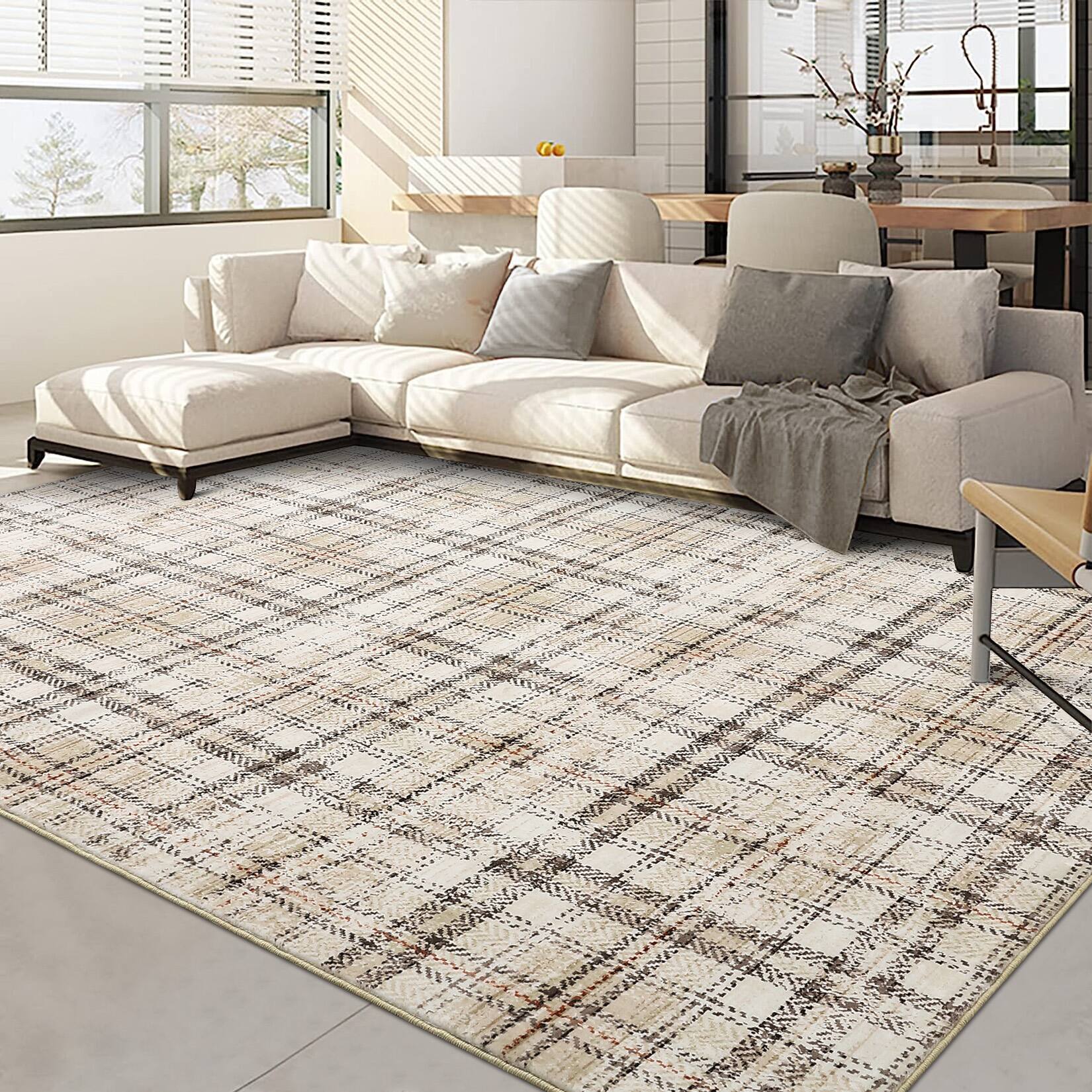 Acekool Modern Geometric Grid Area Rug Low Pile Non Slip Non Shedding ...