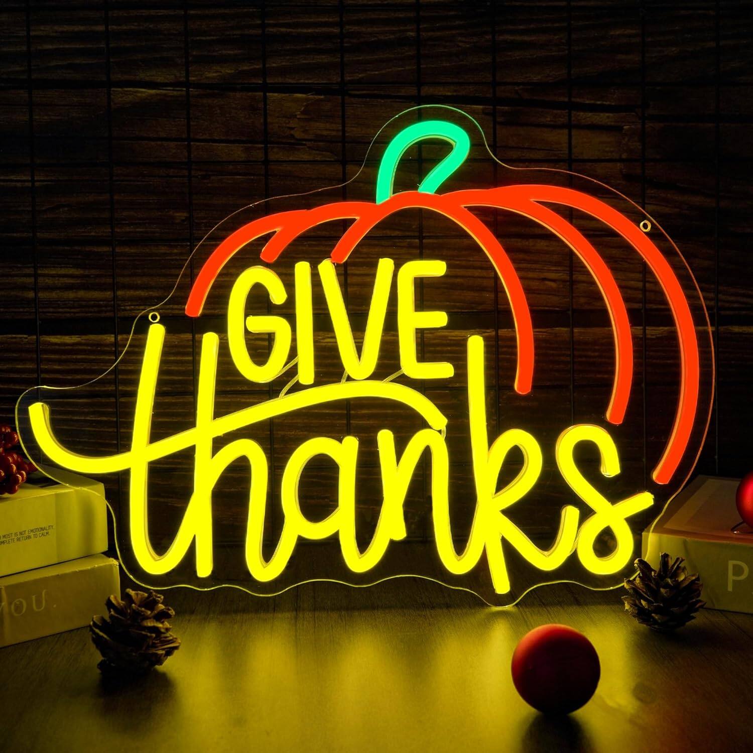 Auledio Give Thanks Pumpkin Neon Sign for Wall Décor Dimmable ...