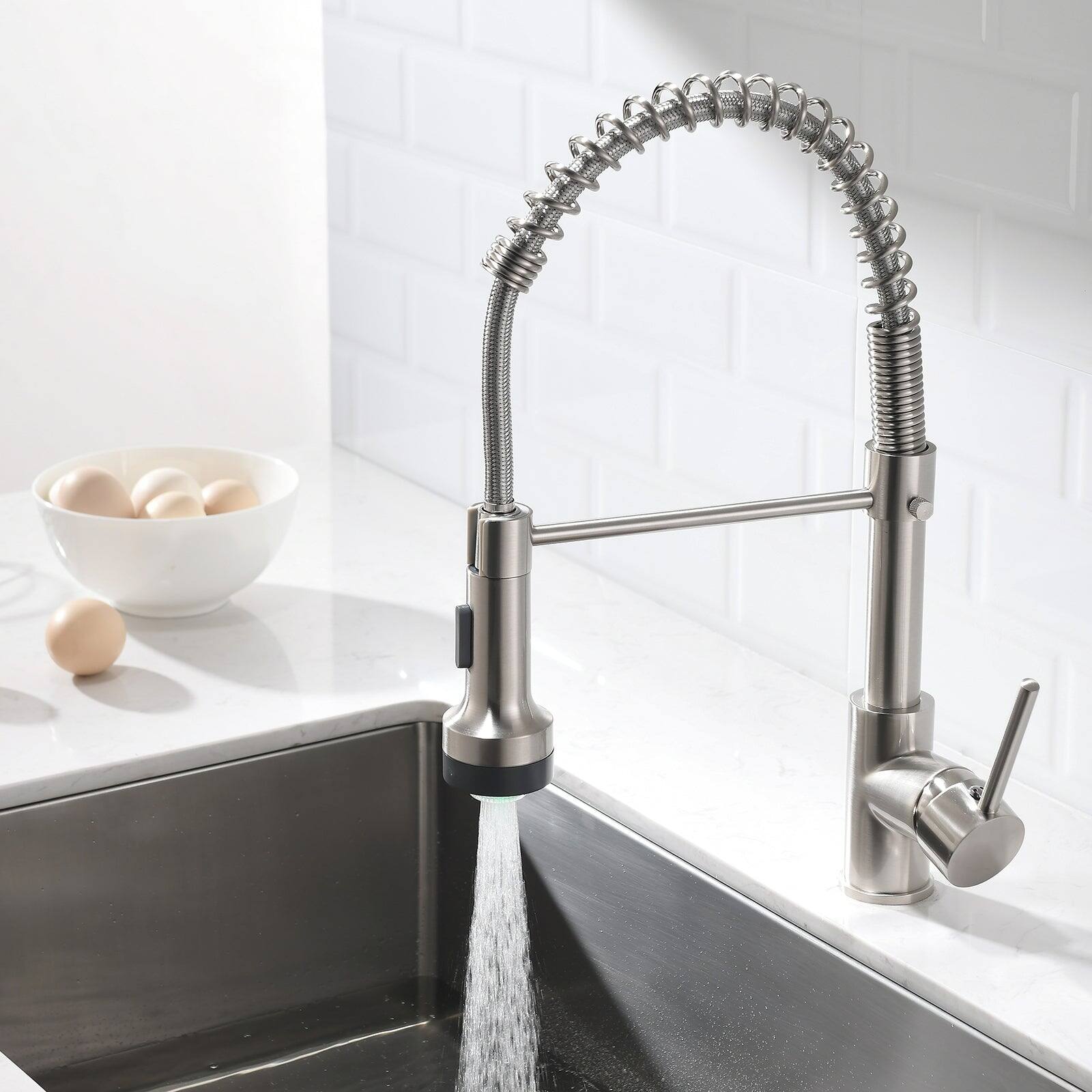 Gooseneck Pull Down Sprayer Kitchen Faucet with LED Light and Water ...