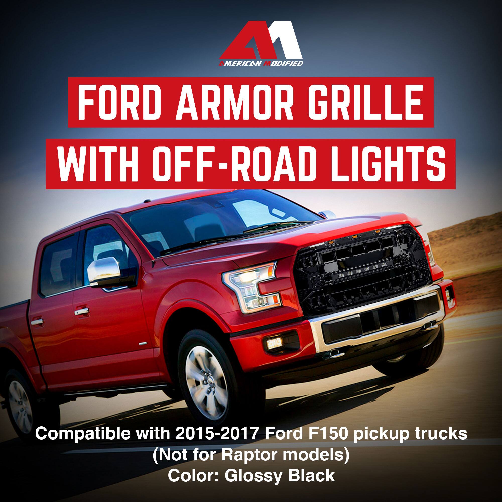 AMERICAN MODIFIED Armor Front Grille for 2015 to 2017 Ford F150 Glossy ...