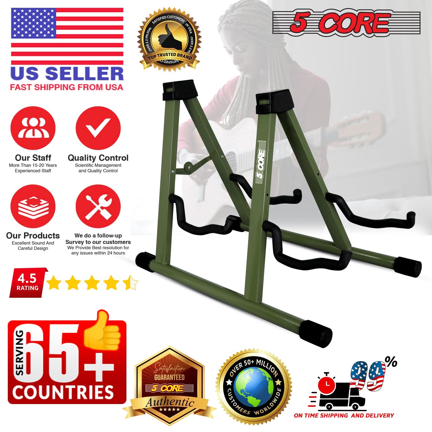 5 CORE Double Guitar Stand A Frame Shape w Foam Arms Supports Acoustic ...