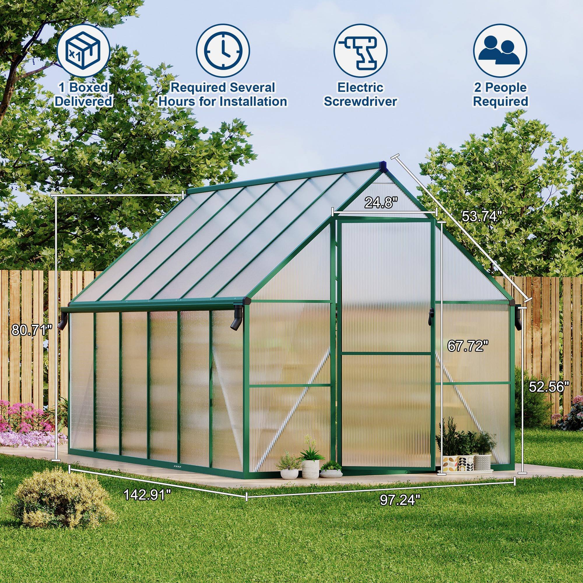Jojoka 8x12 FT Heavy Duty Aluminum Framed Polycarbonate Greenhouse with ...