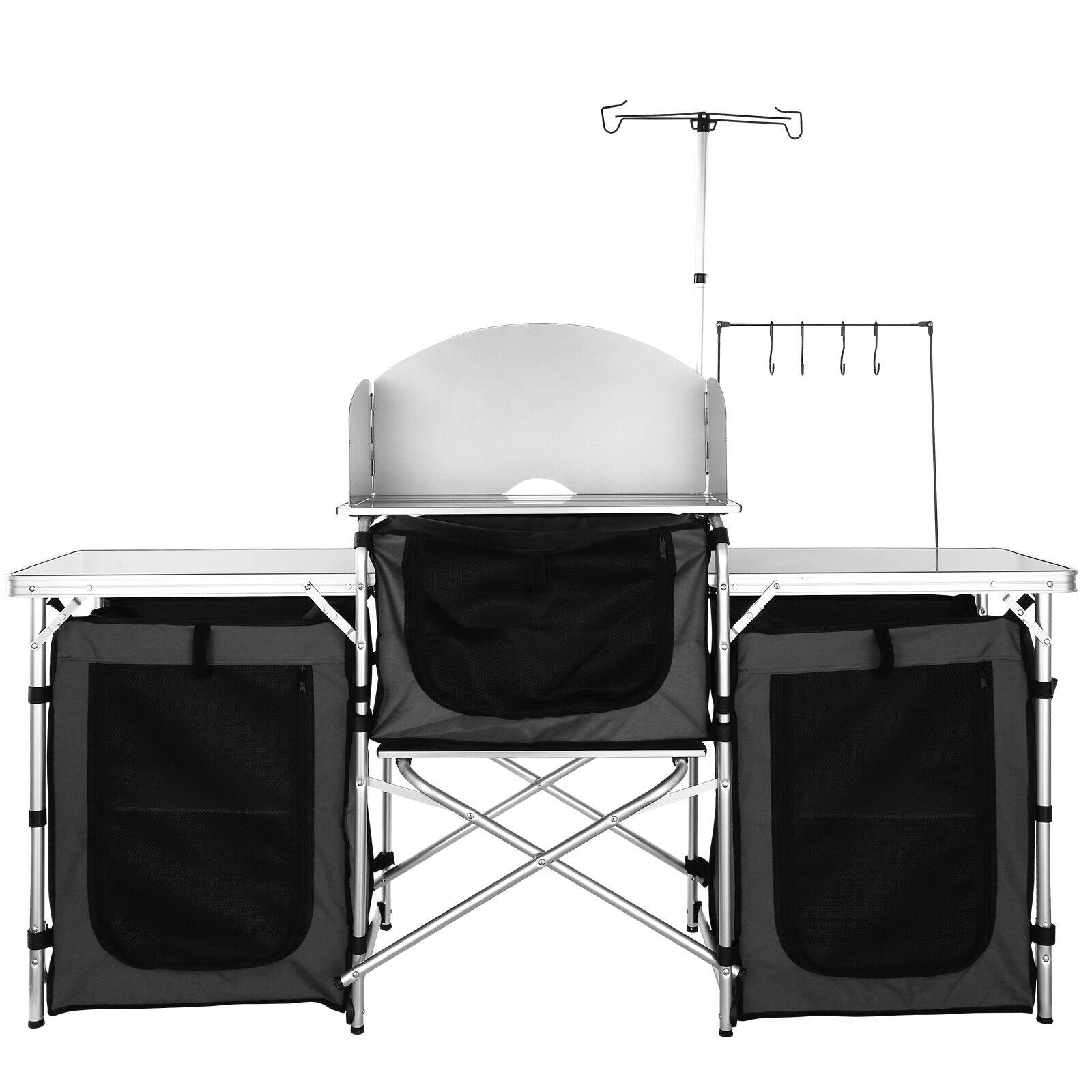 Glintex Portable Folding Camping Kitchen Table with Storage, Windscreen ...