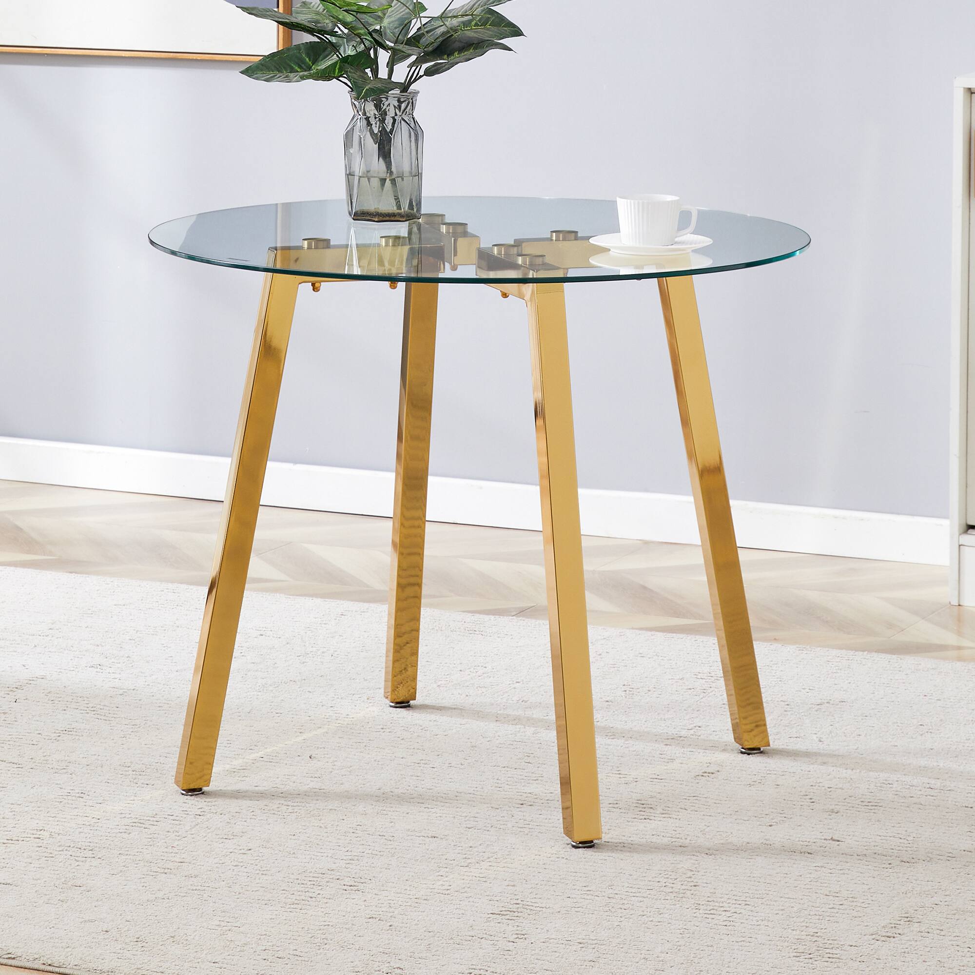 TinyHomie Modern Luxurious Round Tempered Glass Dining Table Gold 7 ...