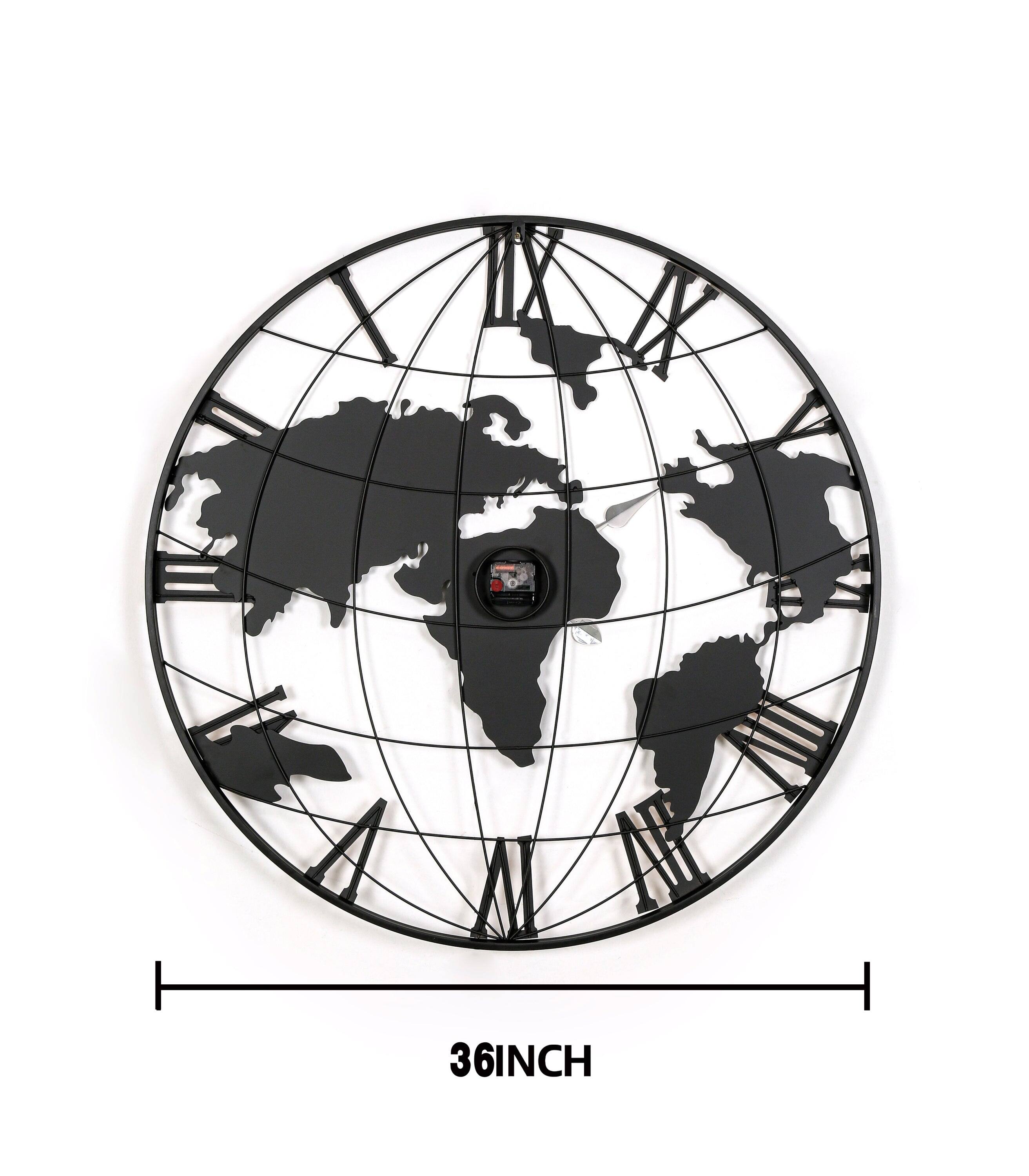 BreeBe 36 Inch Large Black Metal Wall Clock, Modern Silent World Map ...