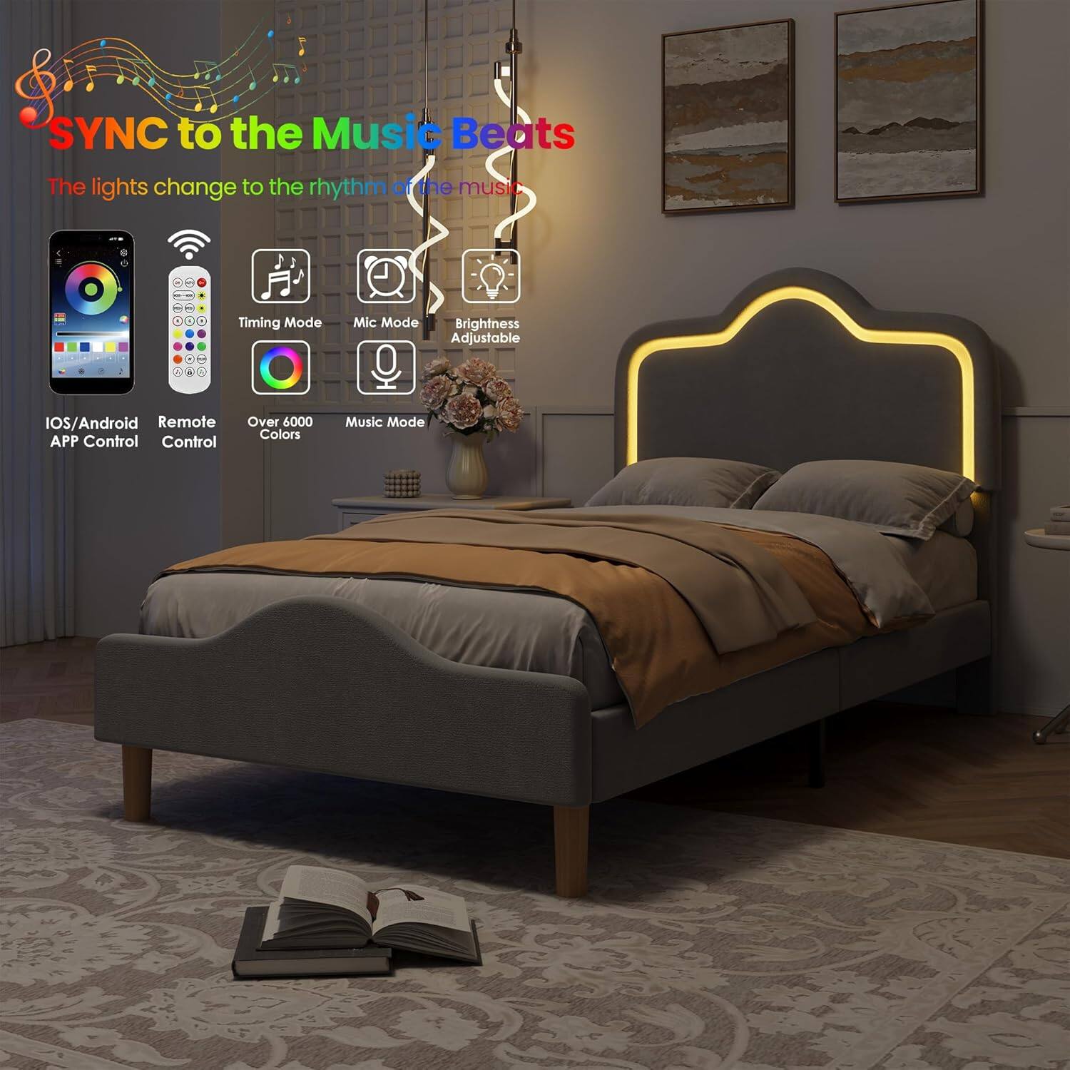 GARVEE Twin Velvet Upholstered Bed Frame w/Adjustable LED Headboard, No ...