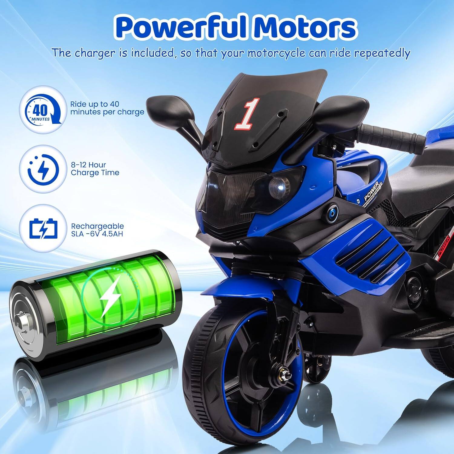 Jojoka 6V Electric Kids Motorcycle with Training Wheels, Ride On Toy ...