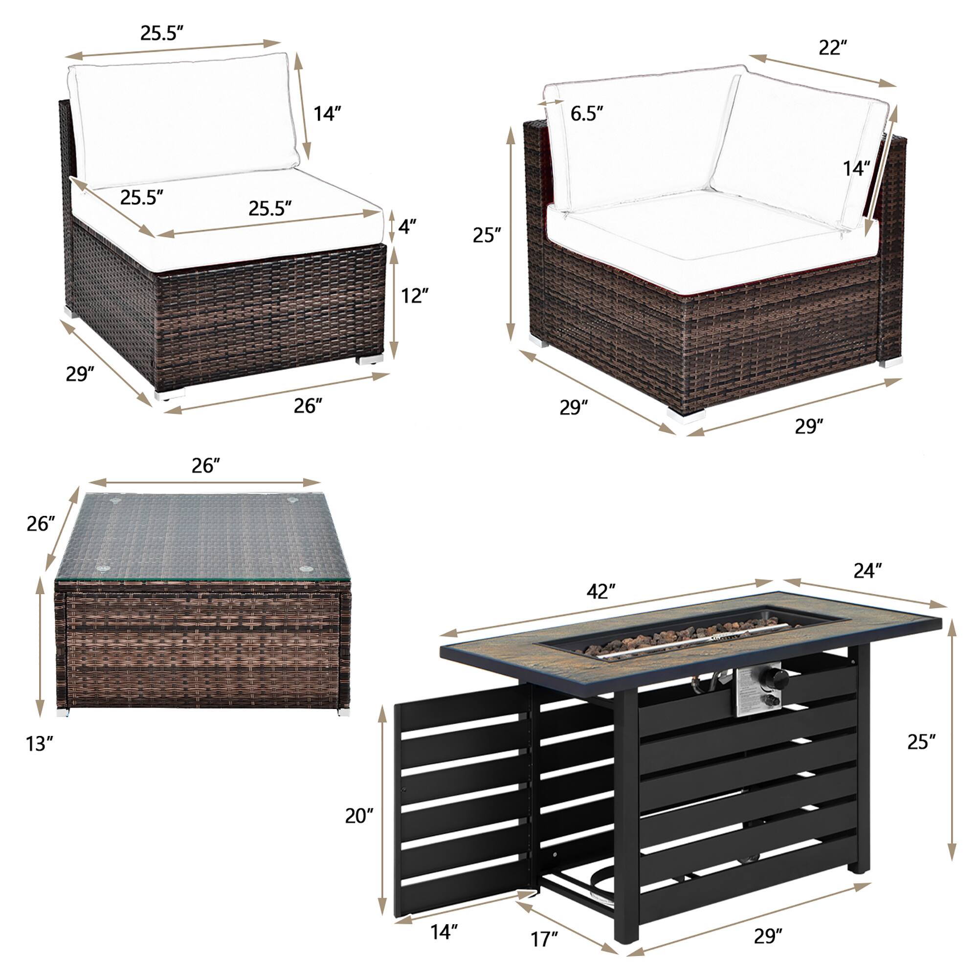 Costway 6PCS Patio Rattan Furniture Set 42" Fire Pit Table Cover Sofa ...