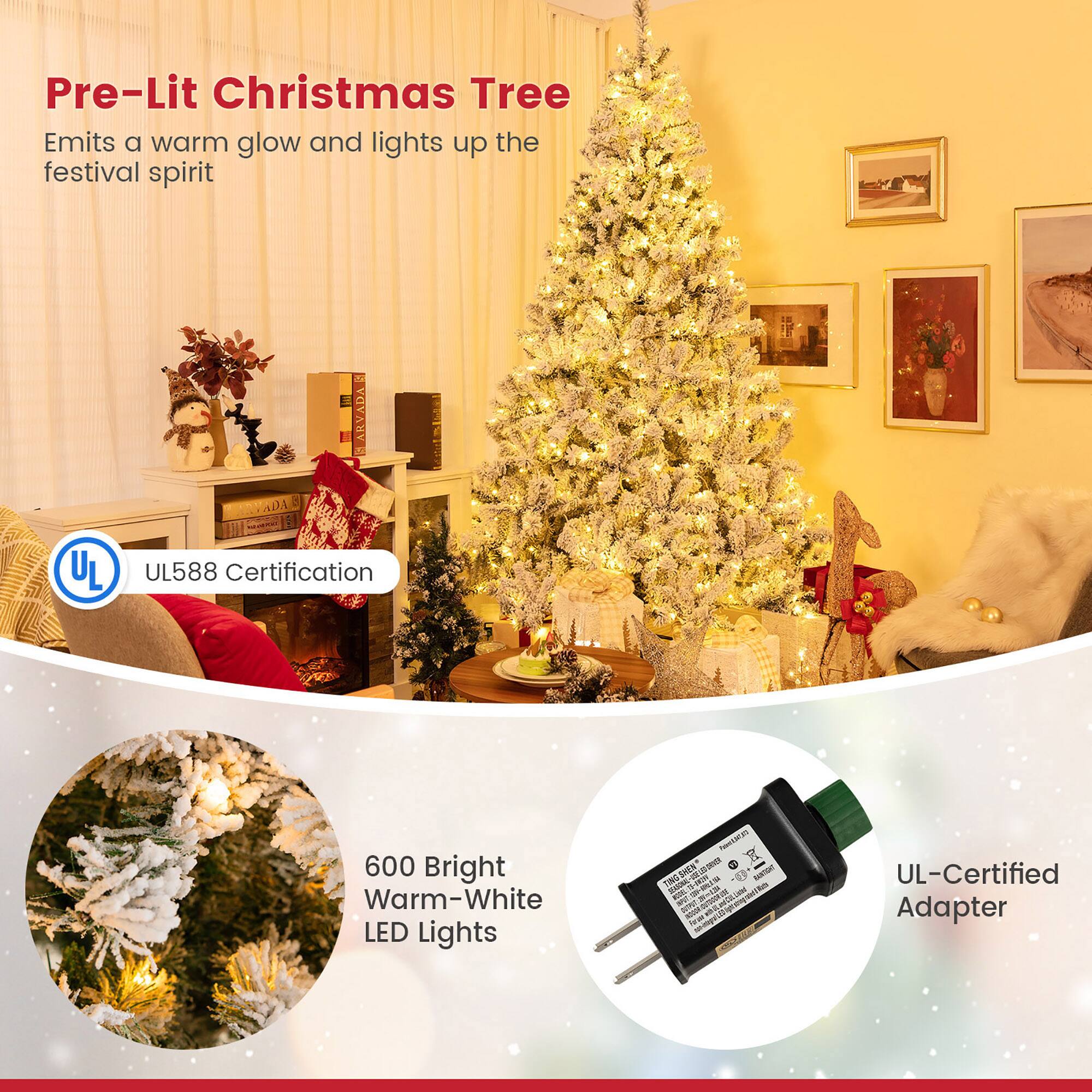 Gymax 8 FT Pre Lit Snow Flocked Xmas Tree 3 Minute Setup Artificial ...