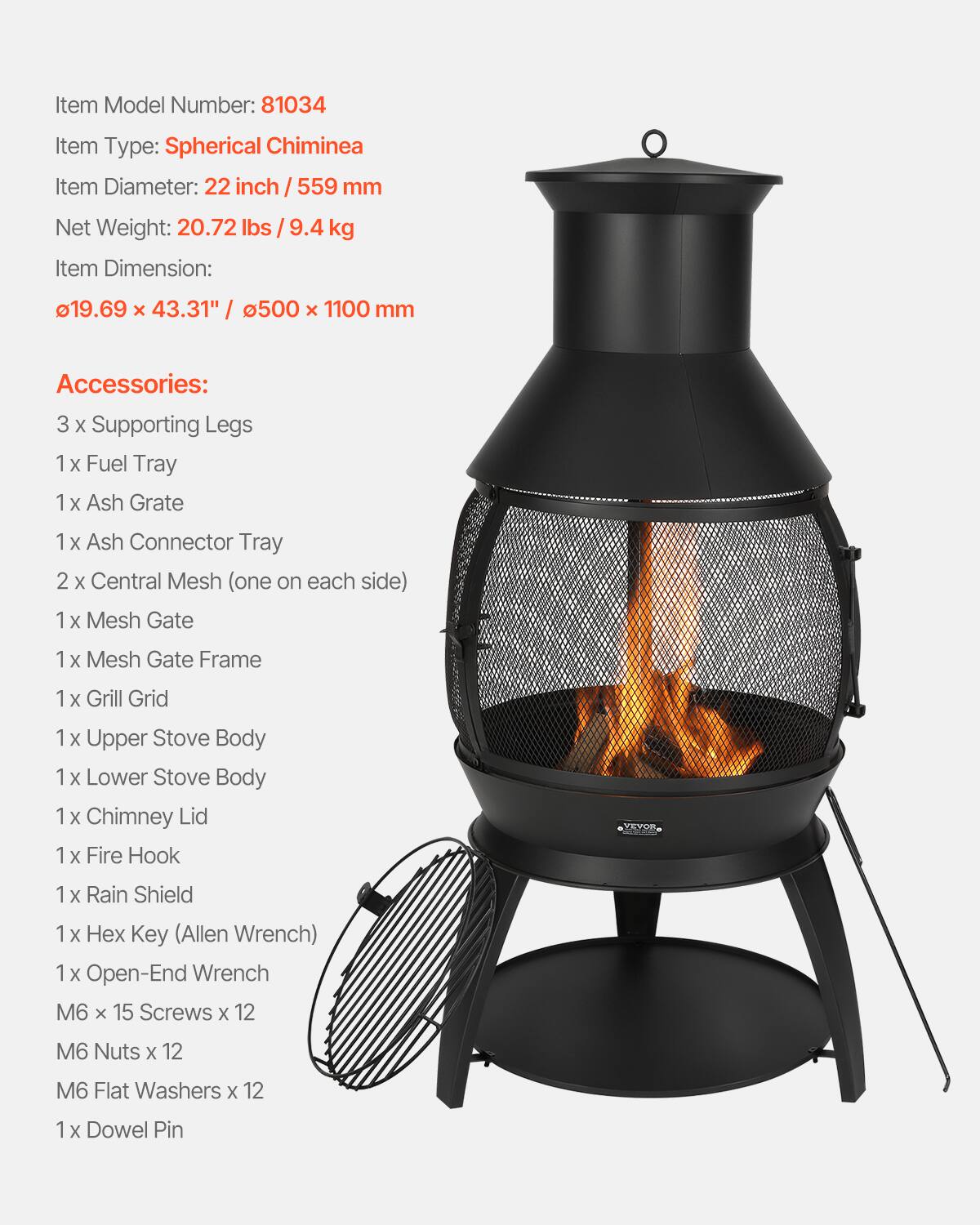 VEVOR Chiminea, 22 Inch Outdoor Wood Burning Firepit, Iron Spherical ...