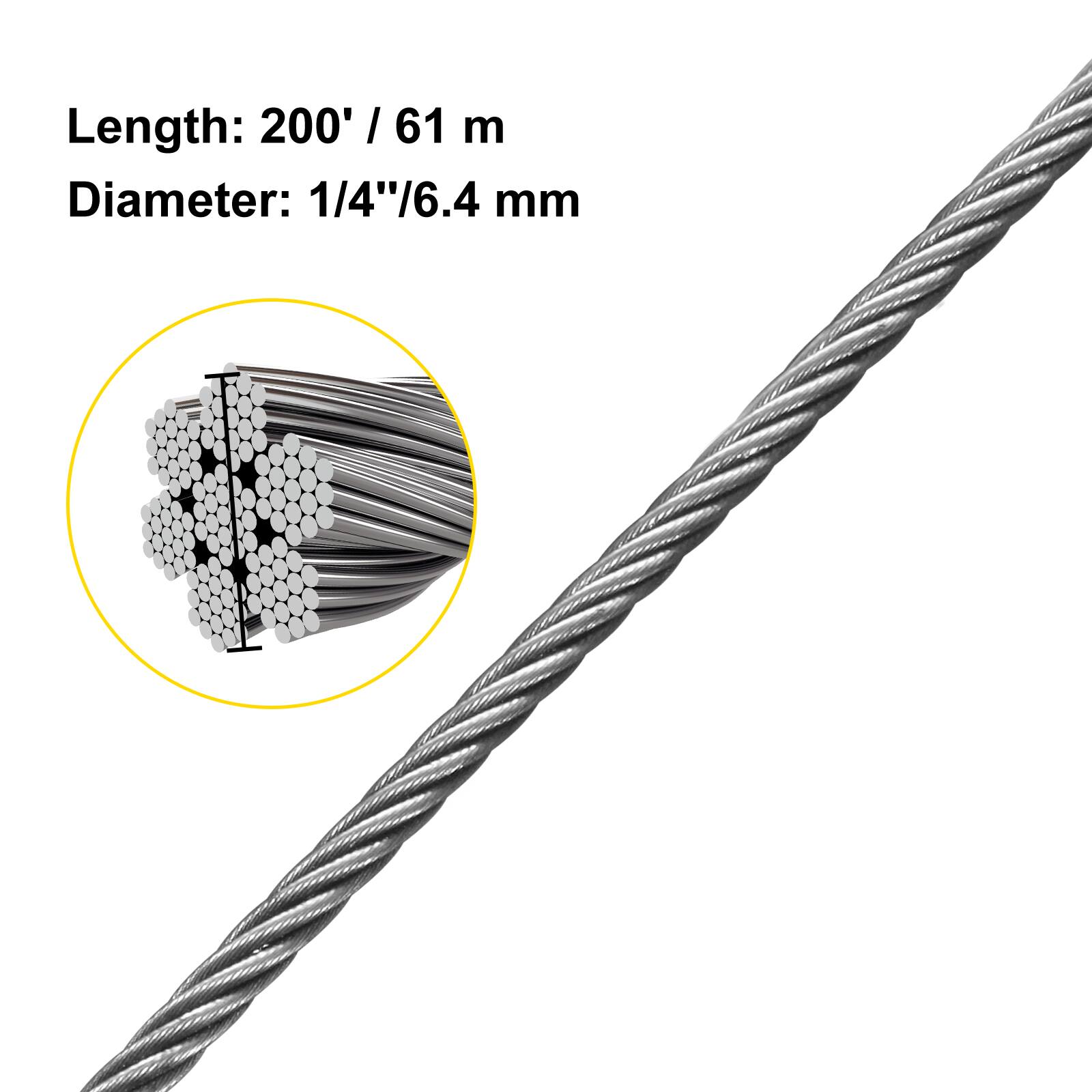 VEVOR 1/4" Stainless Steel Cable 200FT, T304 7x19 Tighter Core Cable ...