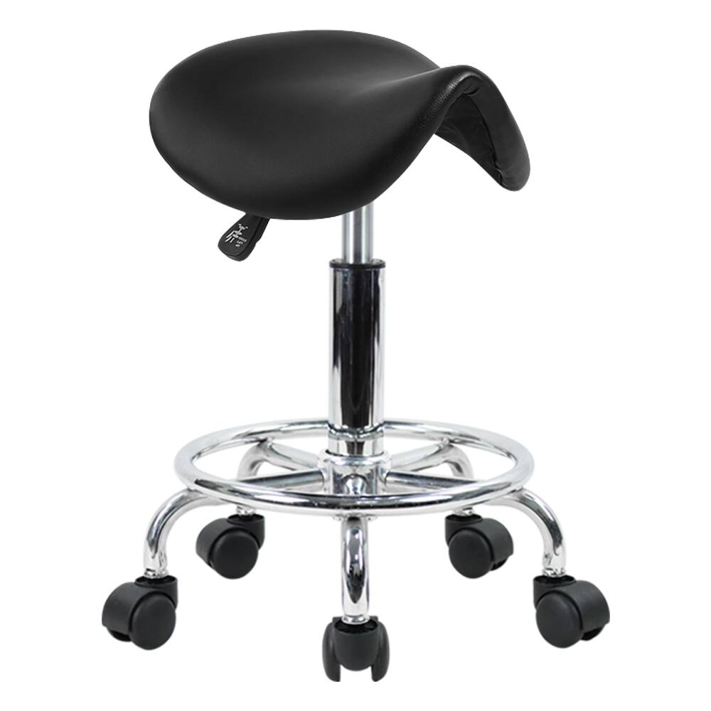 KKTONER Saddle Stool with Foot Rest PU Leather Swivel Adjustable Rolling Stool with Wheels ...