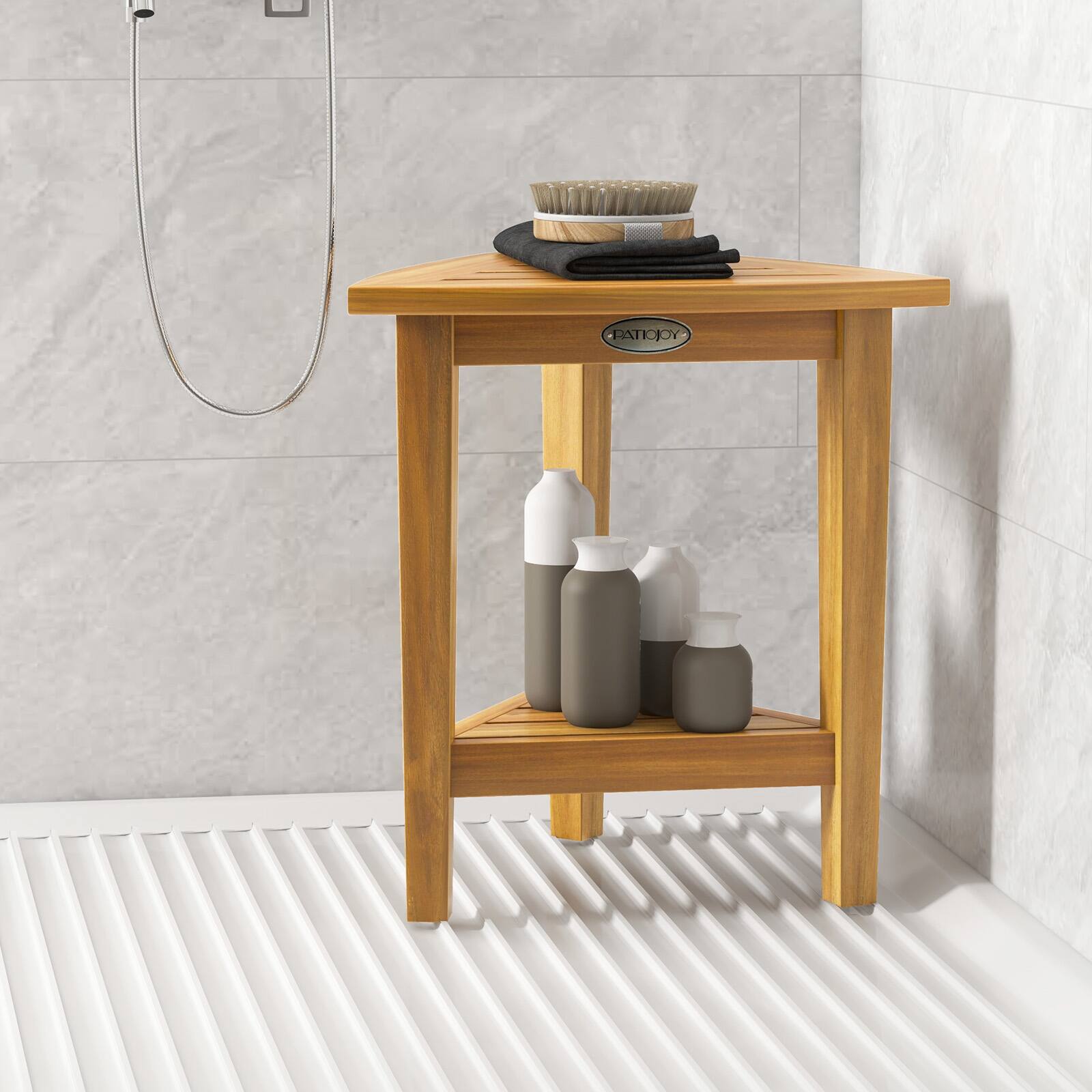 Gymax Shower Stool Teak Wood Corner Bath Stool w/ Storage Shelf Shower ...