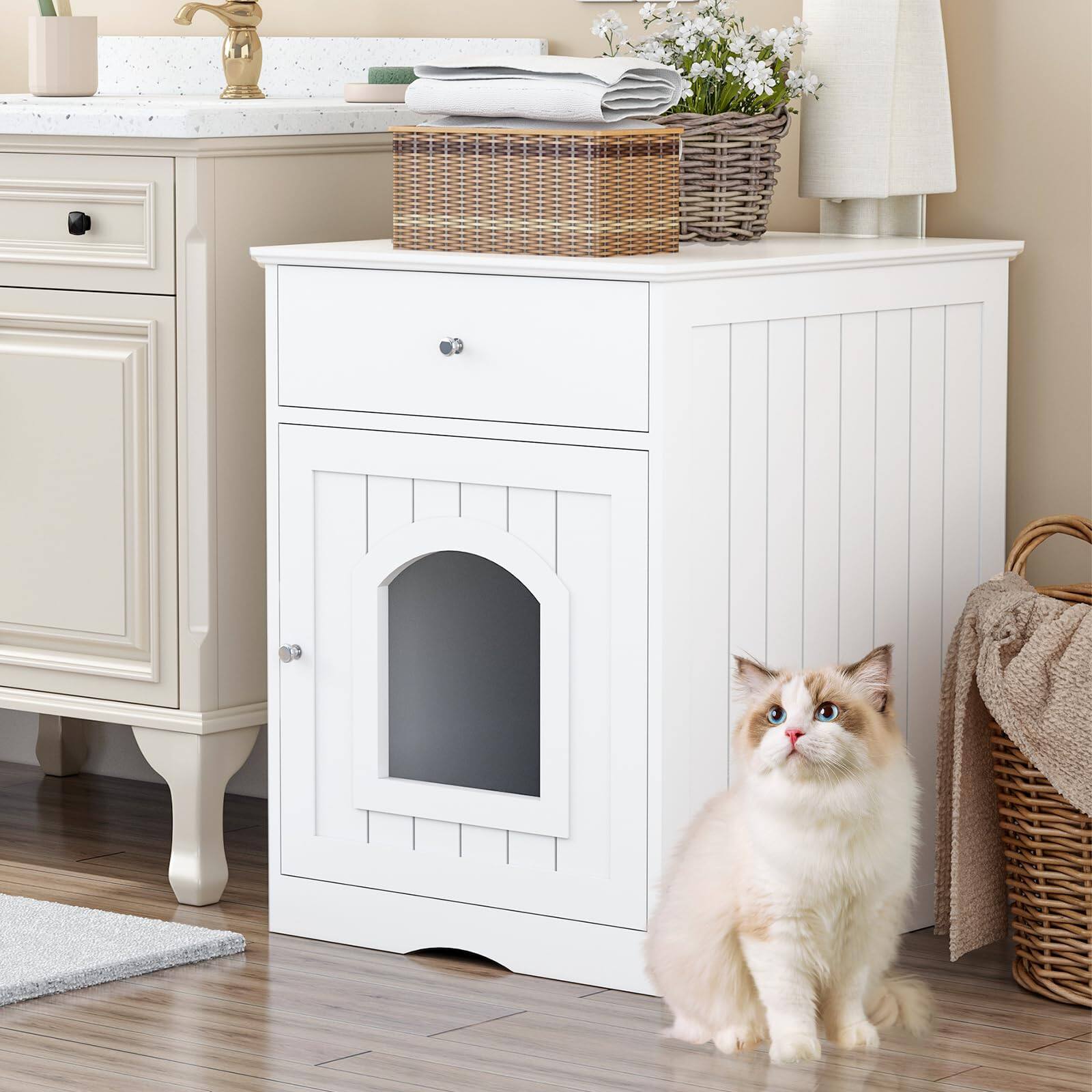 Glintex Wooden Pet House Cat Litter Box Enclosure with Drawer, Side ...