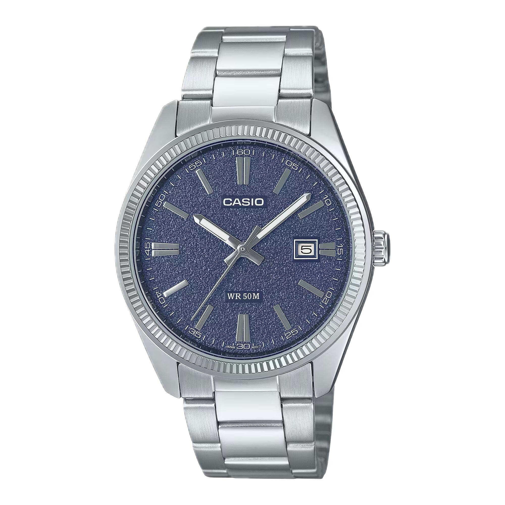 Casio Men’s Matte Blue Dial Two Tone Stainless Steel Bracelet Watch MTP ...