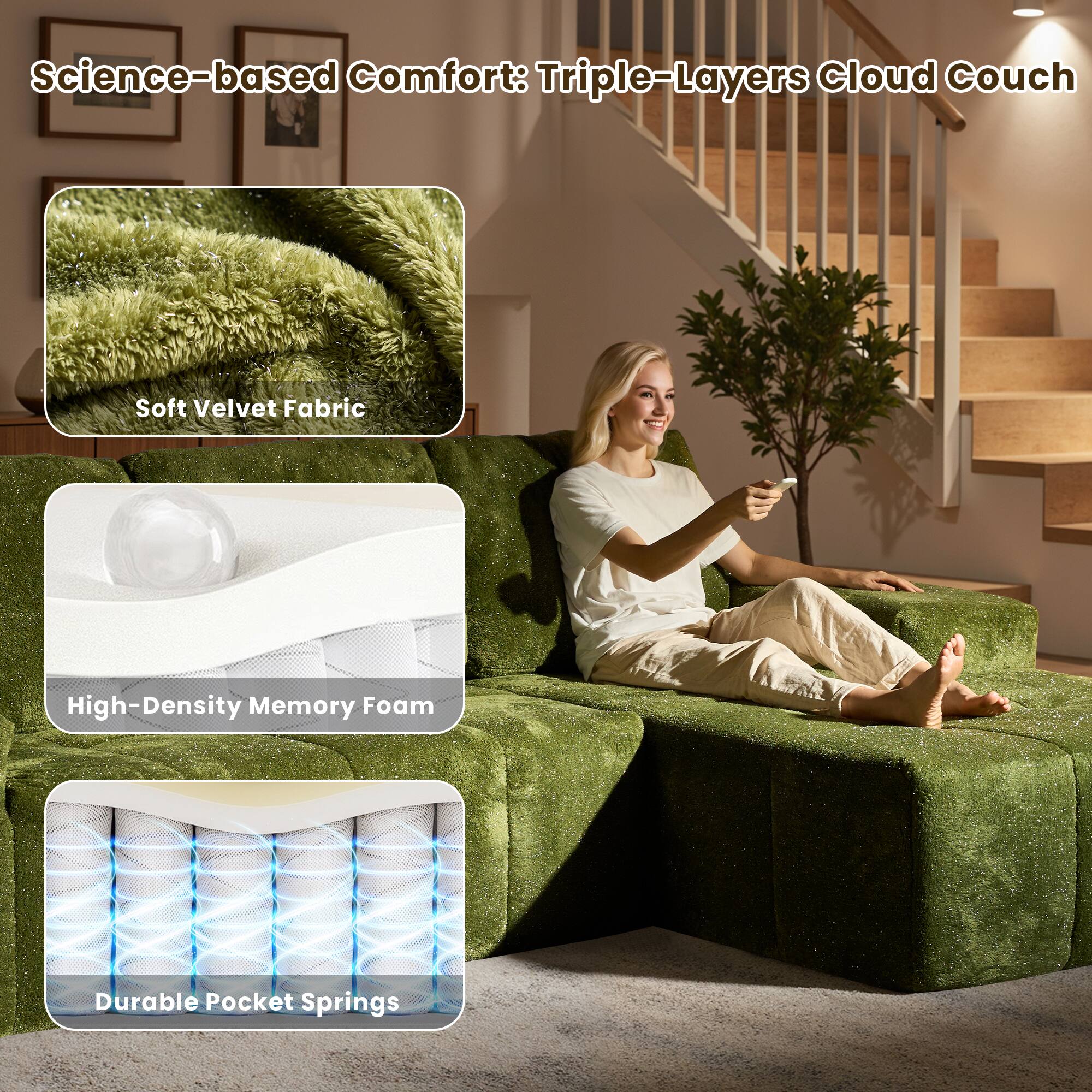 Ovios 114" Starlight Fabric Sectional Sofa with Comfy Chaise, Boneless ...