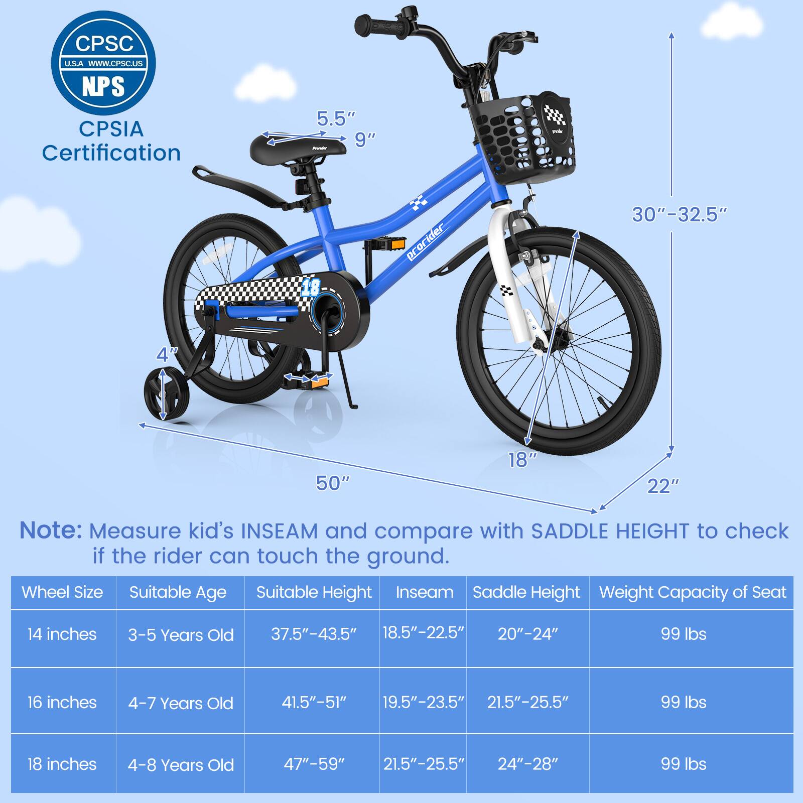 Costway 18" Kid's Bike with Removable Training Wheels & Basket for 4 8 Years Old Blue ...