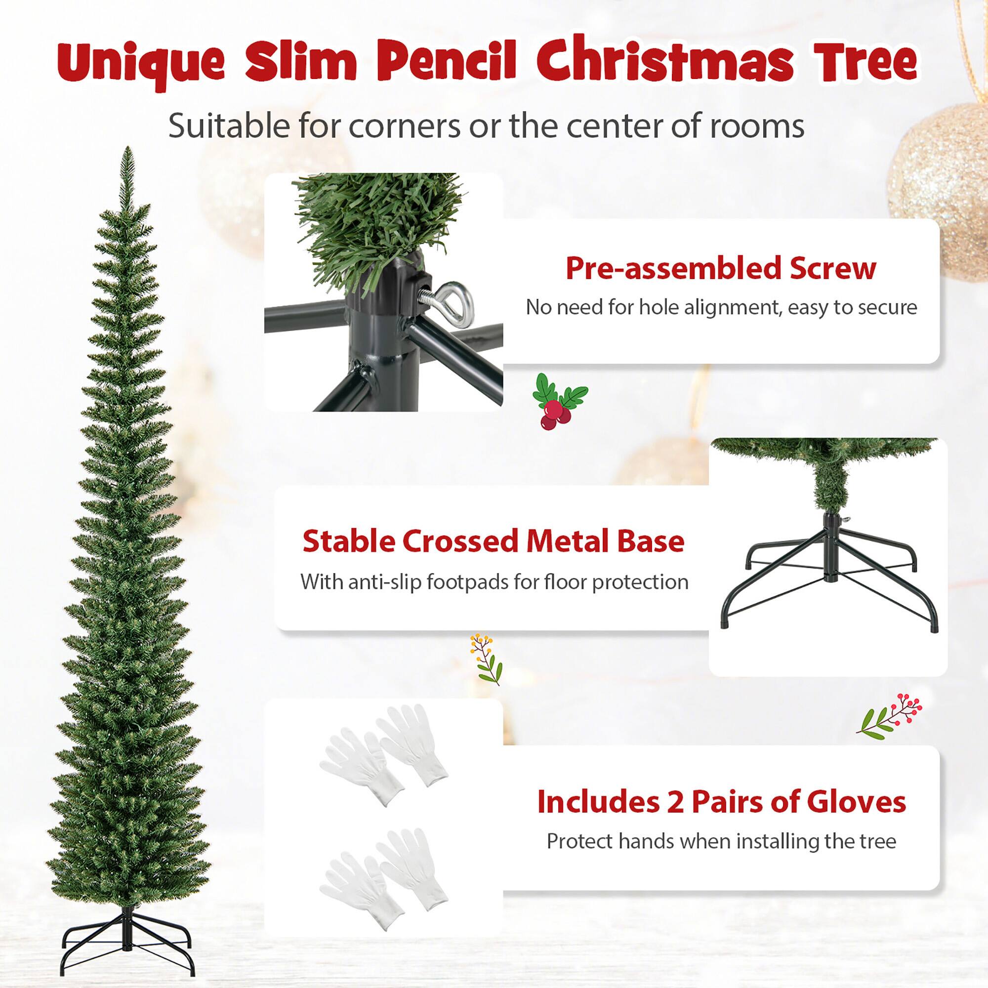 Gymax 8 FT Pre Lit Artificial Christmas Tree Slim Pencil Xmas Tree w ...