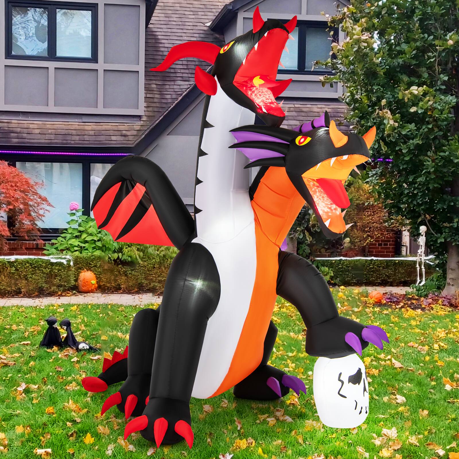Costway 8 FT Inflatable Twin Headed Dragon Decoration Giant Halloween Inflatables Multicolor ...