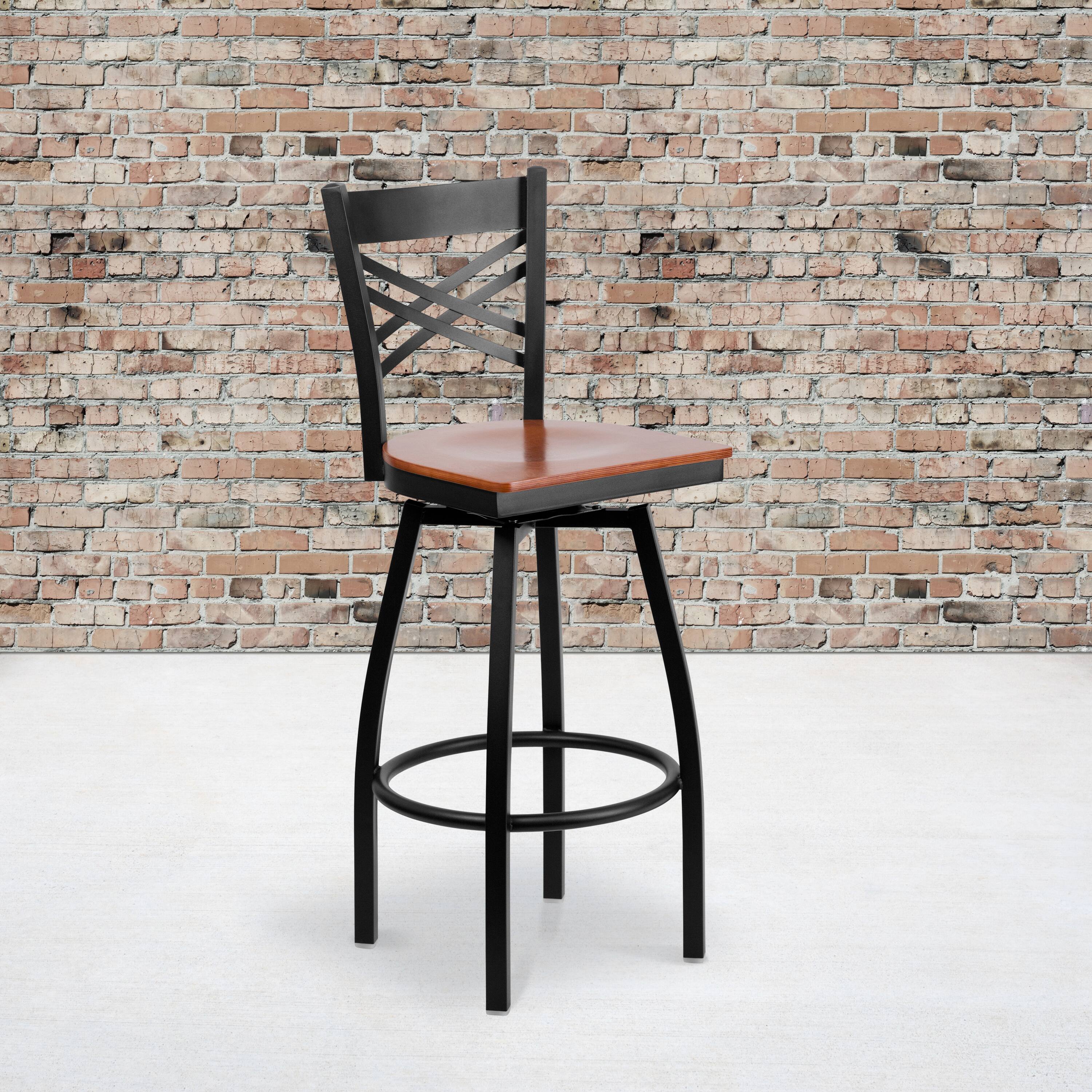 Emma + Oliver "X" Back Swivel Metal Restaurant Dining Barstool Cherry ...