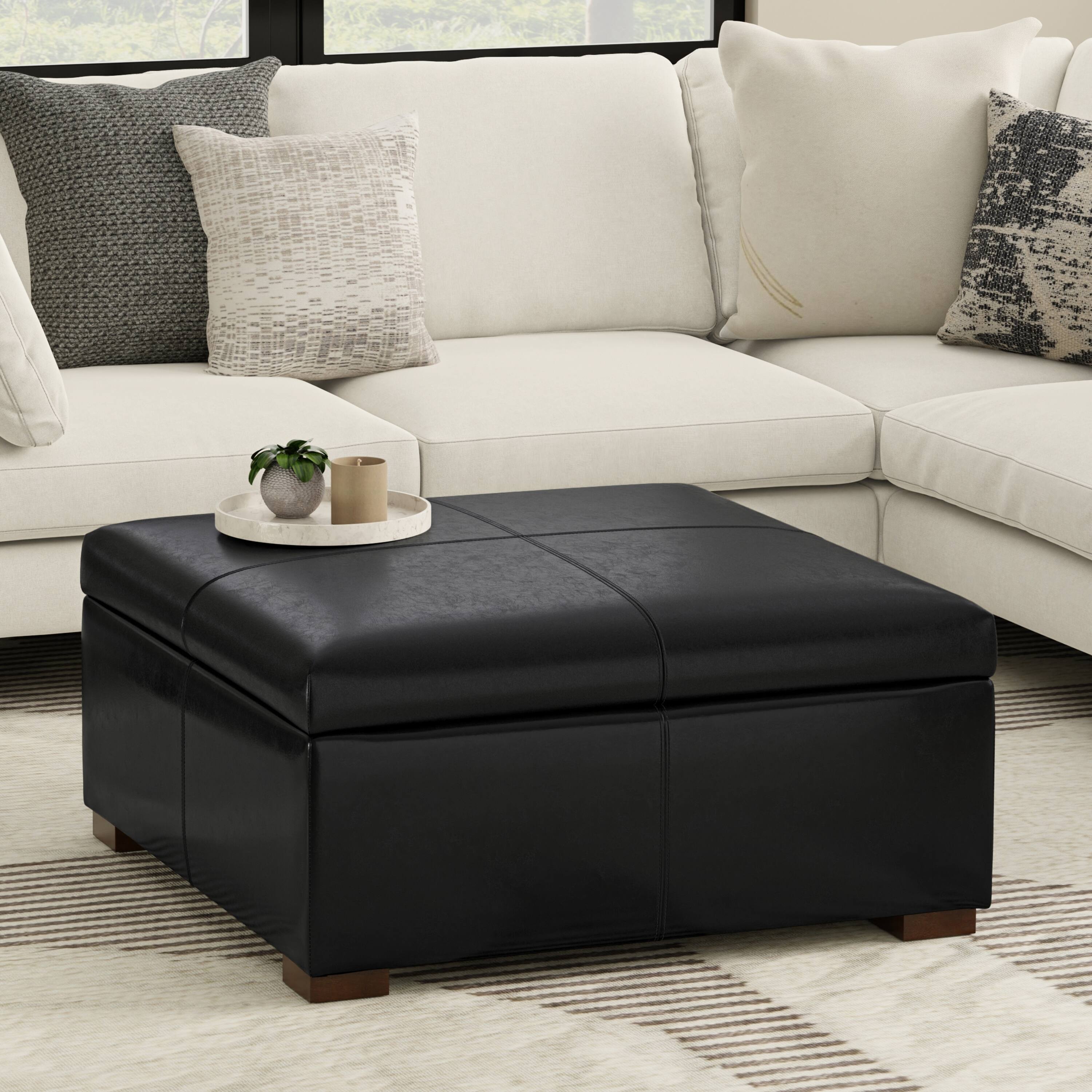 Simpli Home Gabbie 36 inch Wide Square Coffee Table Storage Ottoman PU ...