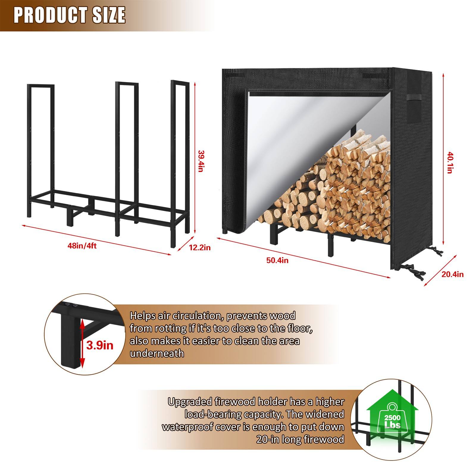 JETRANSPORT 4ft Firewood Rack Outdoor With Cover Fireplace Wood Storage ...