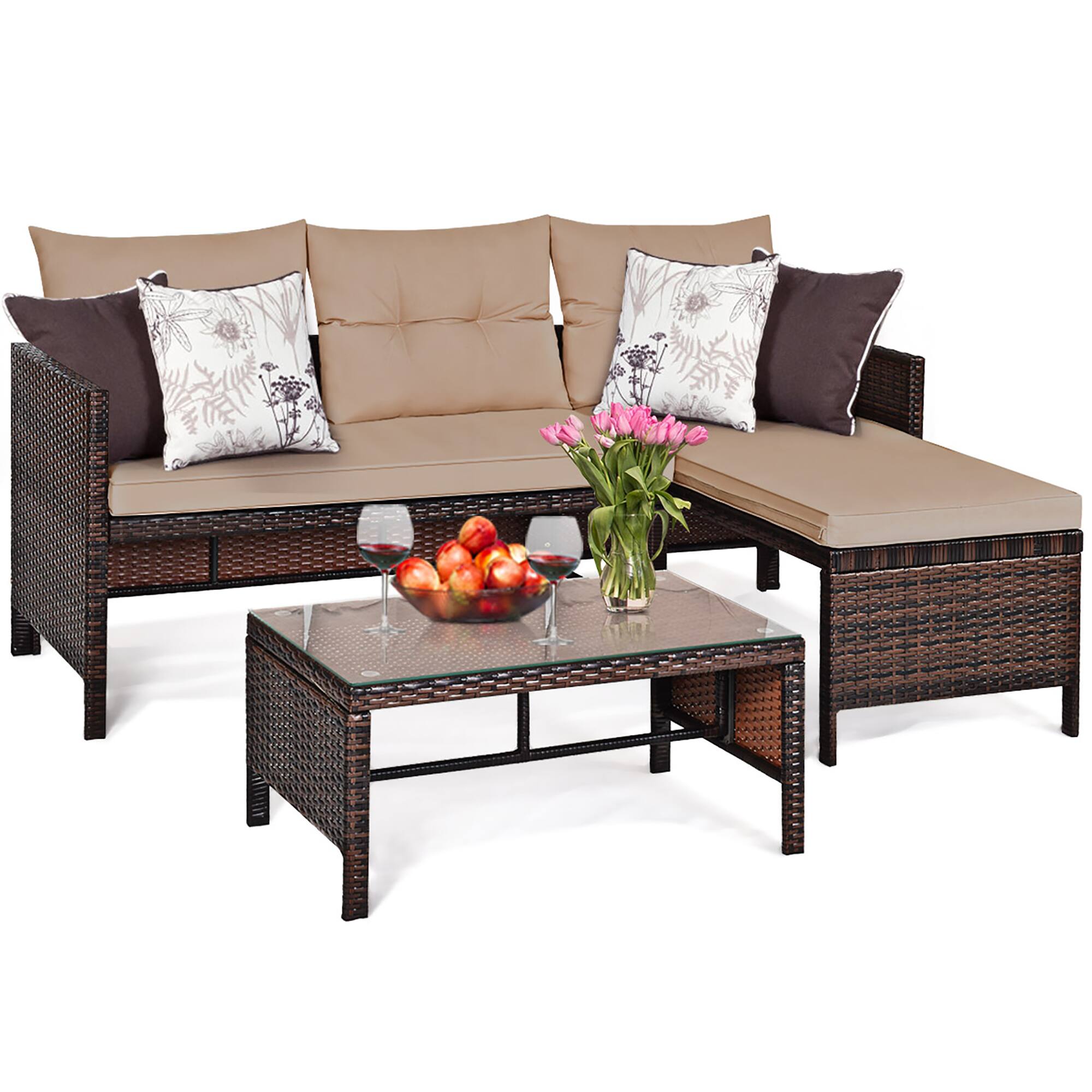 Costway 3PC Patio Sofa Set Outdoor Sectional Conversation Set Rattan ...