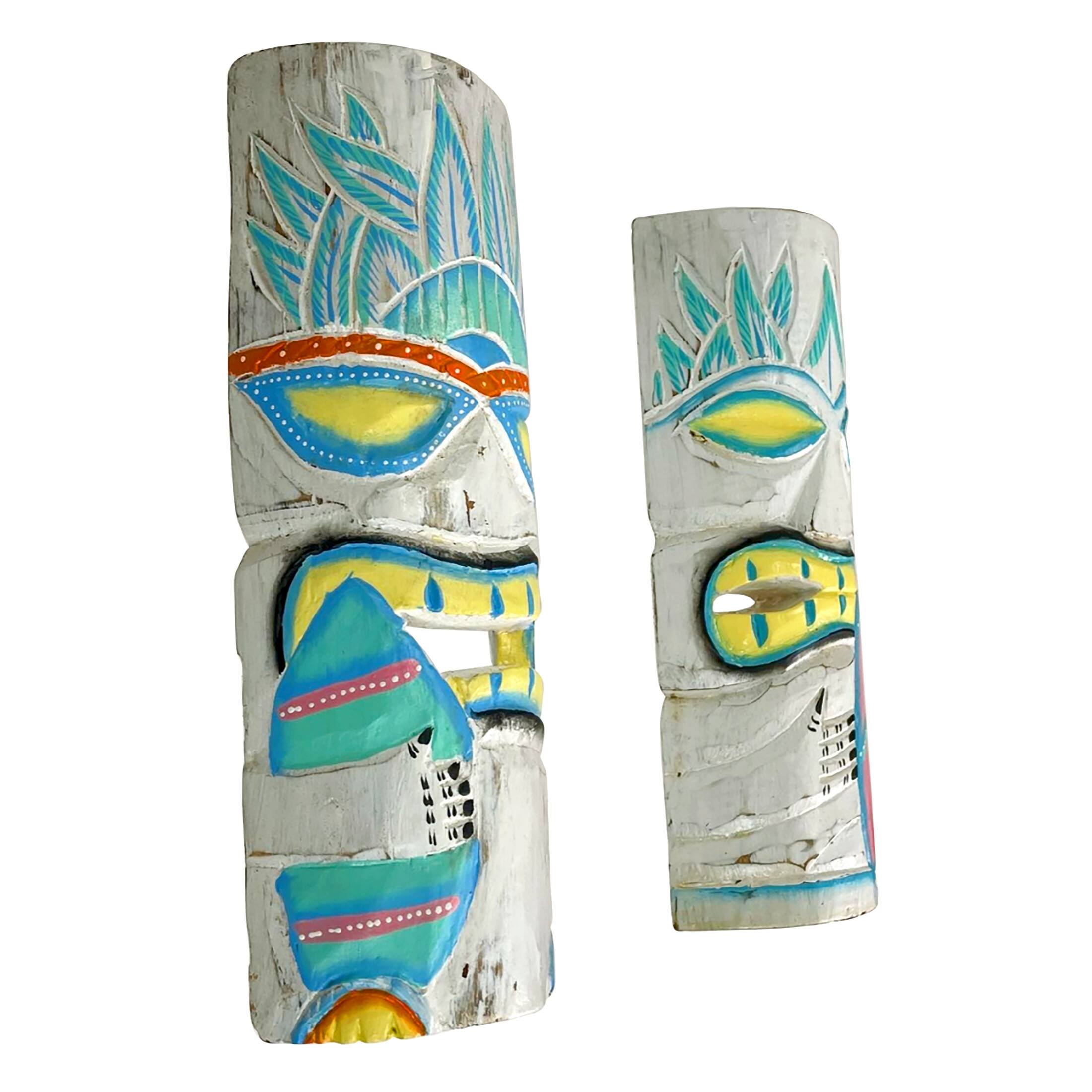 Chesapeake Bay Set of 2 Pastel Surfer Tiki Masks 12" Hand Carved Wooden ...